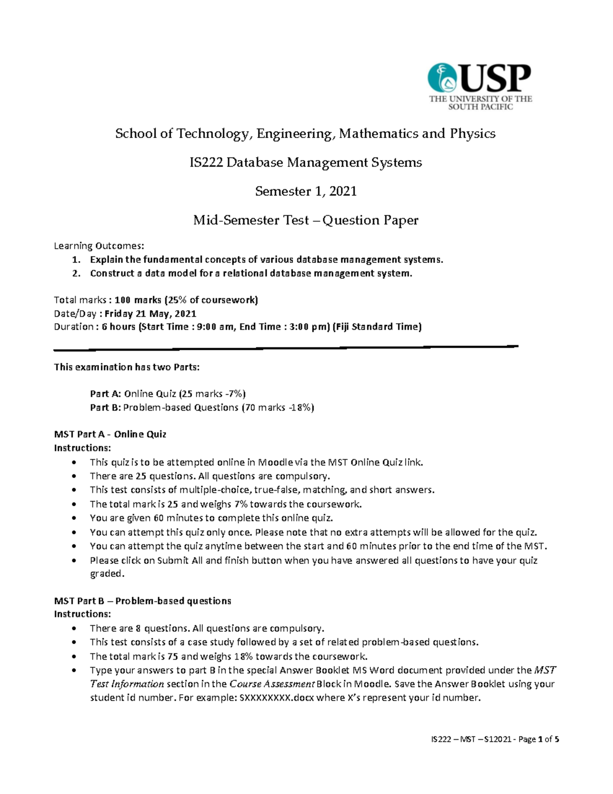 IS222 MST S12021-Question Paper - School of Technology, Engineering ...