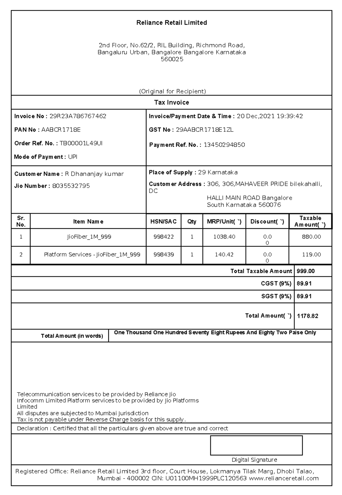 Jio Invoice Dec - Reliance Retail Limited 2nd Floor, No/2, RIL Building ...