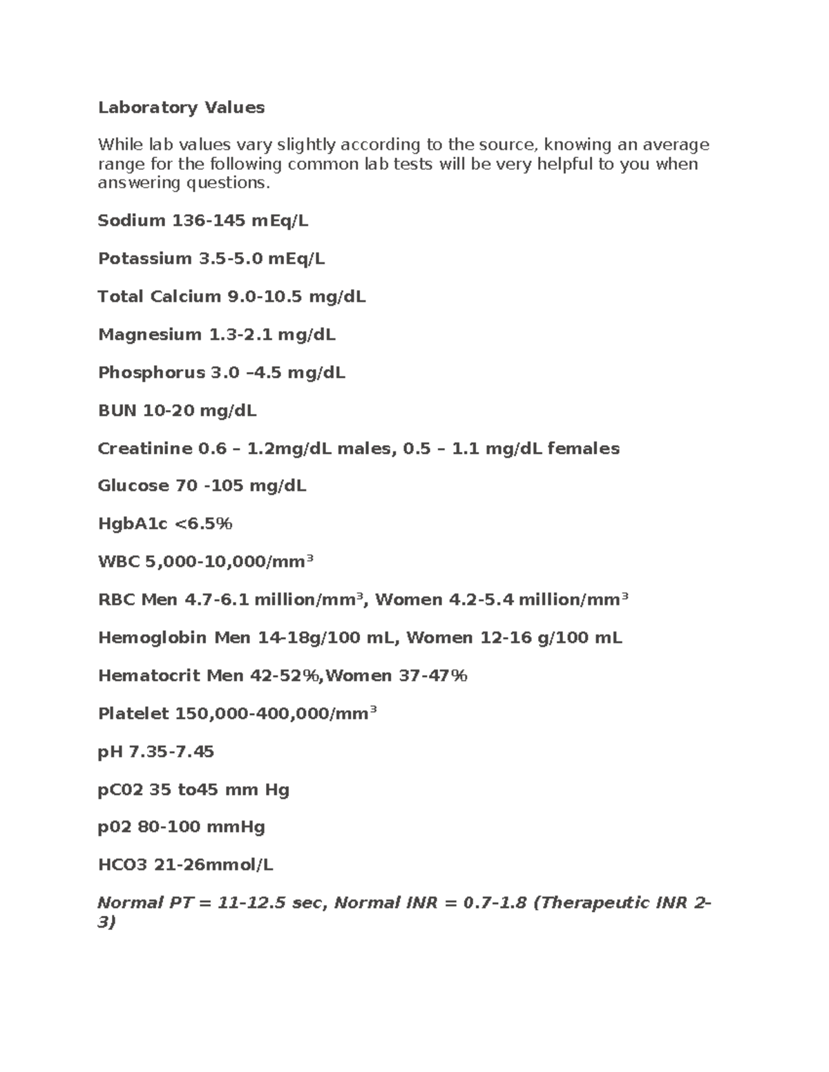 Important lab values - Laboratory Values While lab values vary slightly ...