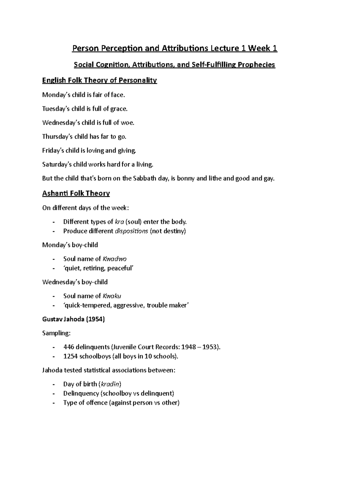 Person Perception and Attributions Lecture 1 Week 1 - Tuesday’s child ...