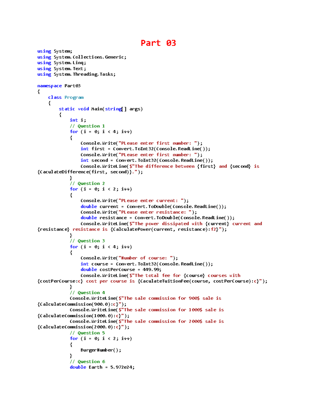 Part03-As6 - Part 03 - Assignment 06 - Part 03 using System; using ...