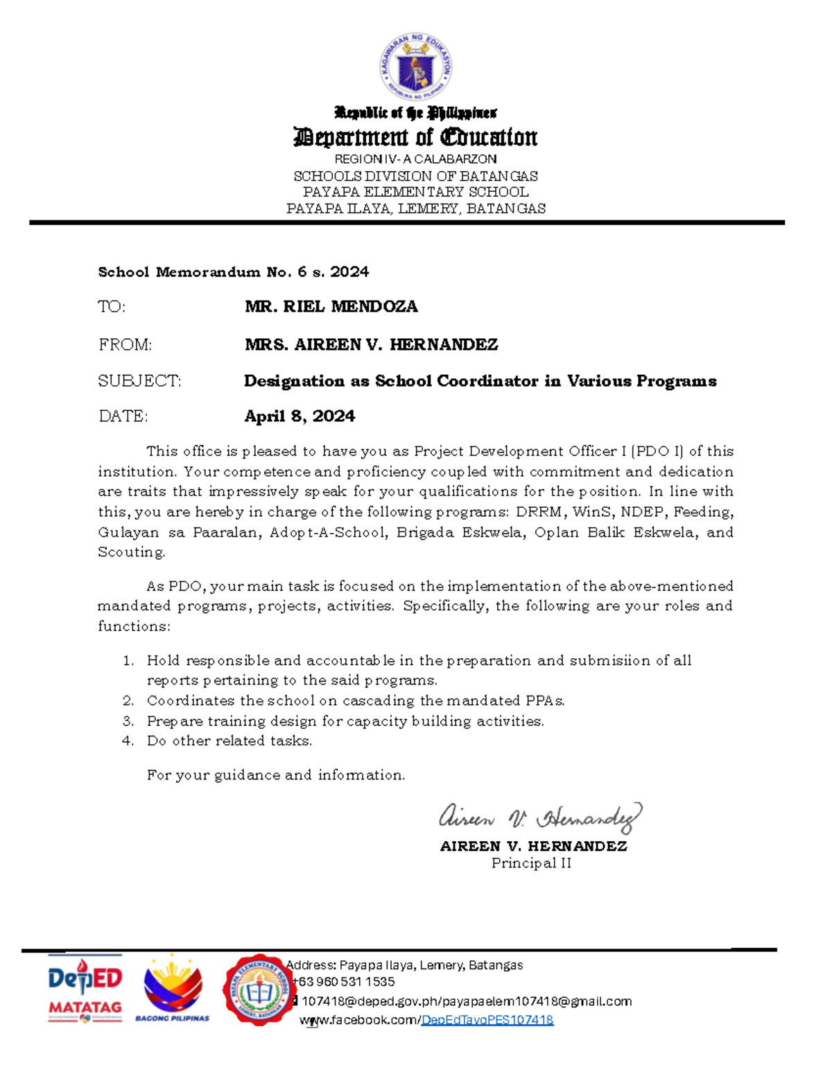 school memo for project development - Republic of the Philippines ...