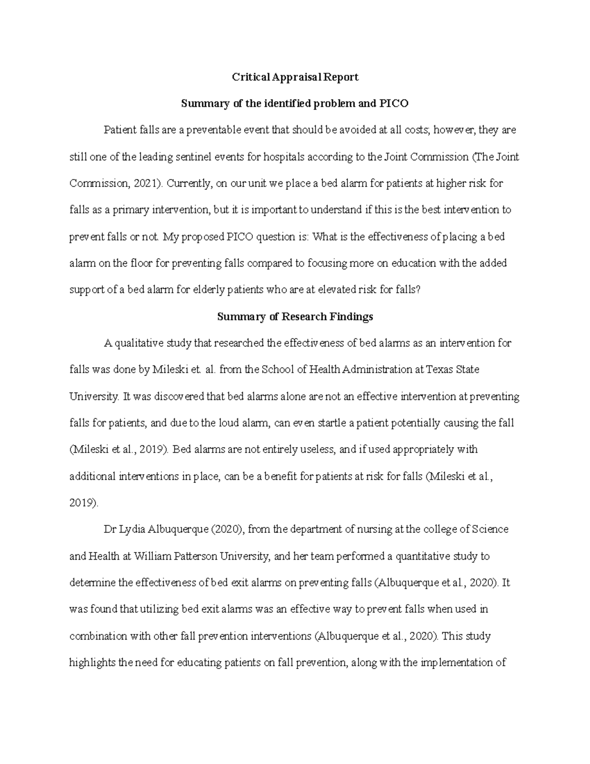 Critical Appraisal Report - Critical Appraisal Report Summary of the ...