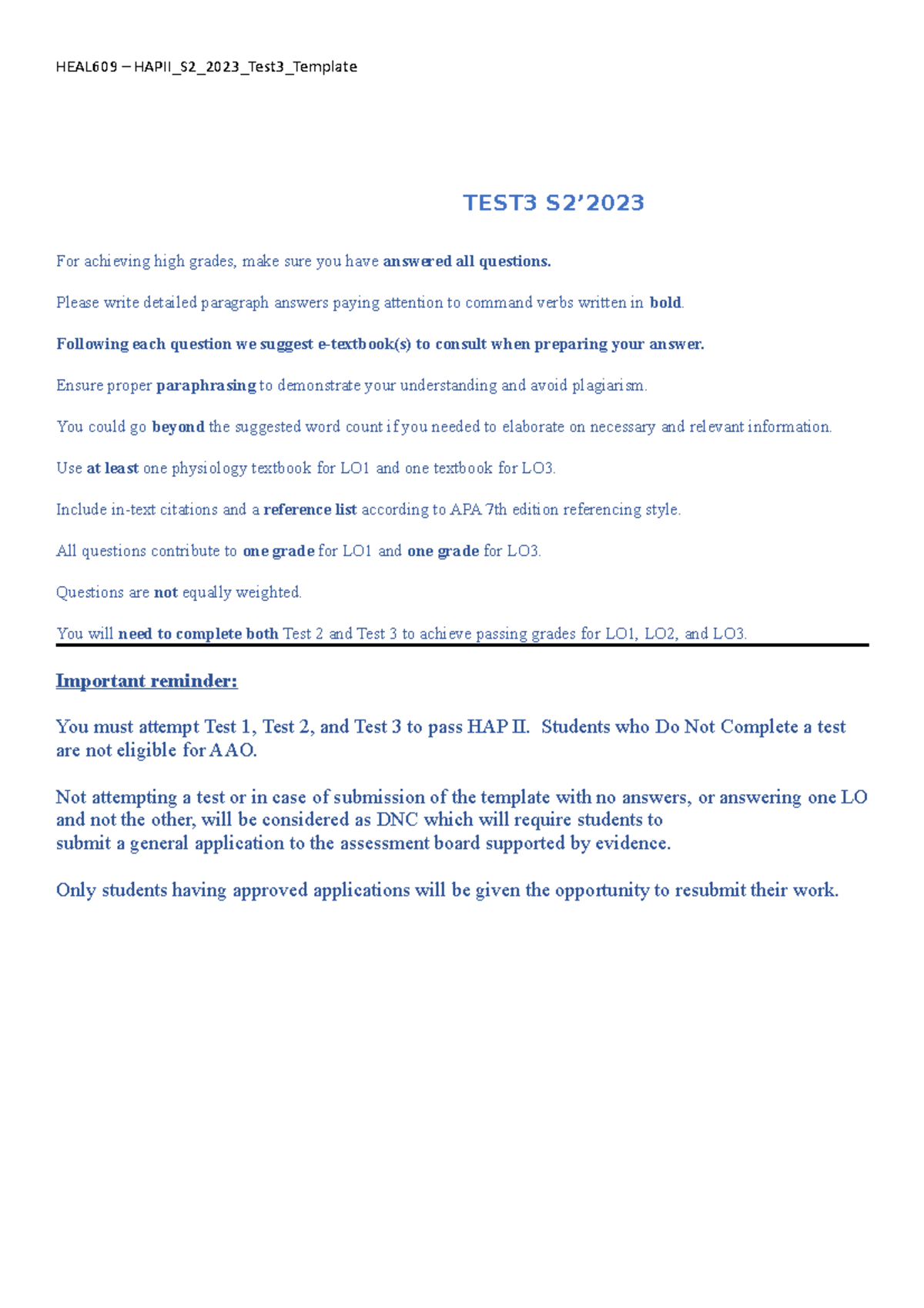 HEAL609 Hapii S2 2023 Test 3 Template - TEST3 S2’ For achieving high ...