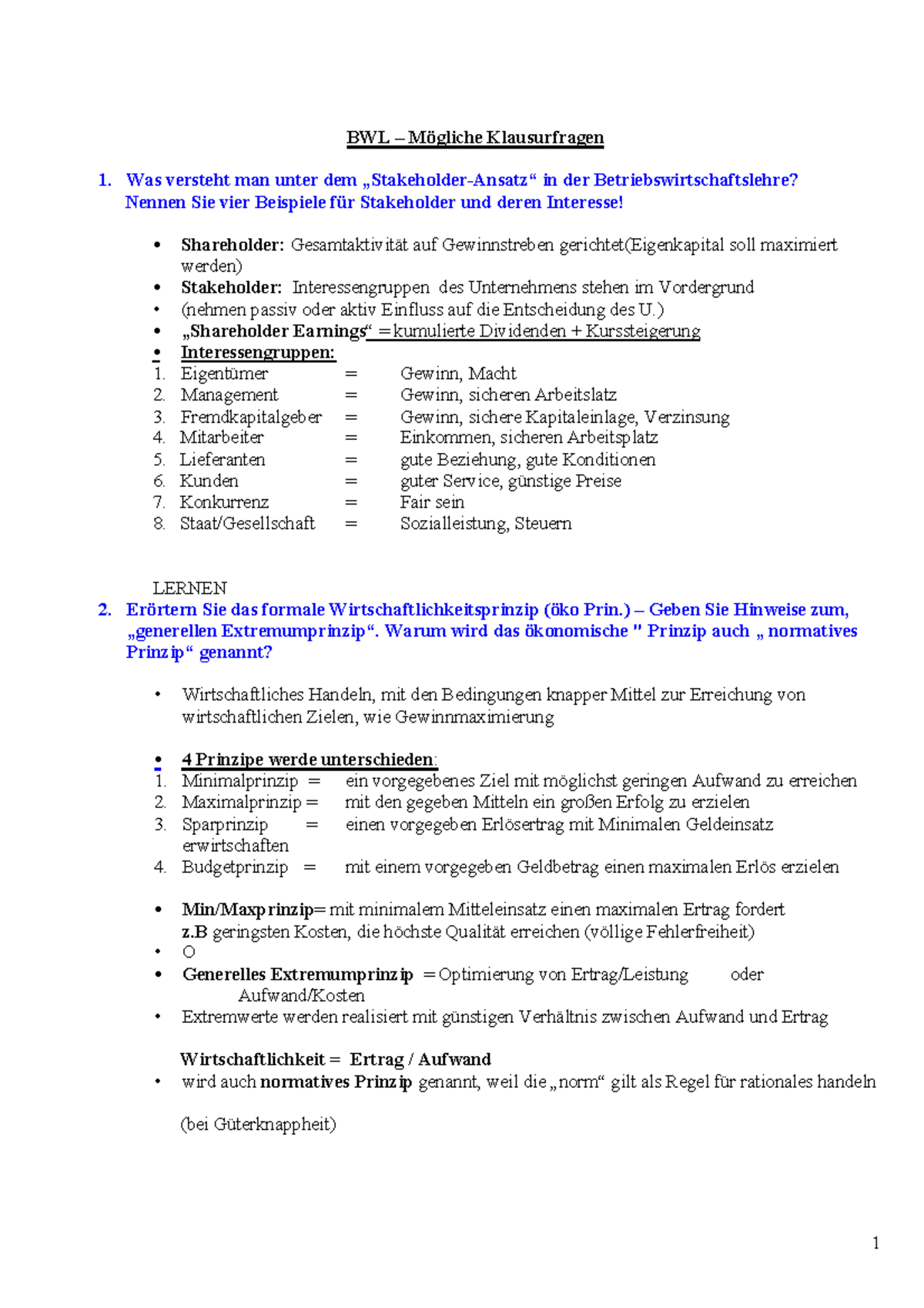 Klausur 2015, Fragen und Antworten - BWL – Mögliche Klausurfragen Was versteht man unter dem ...