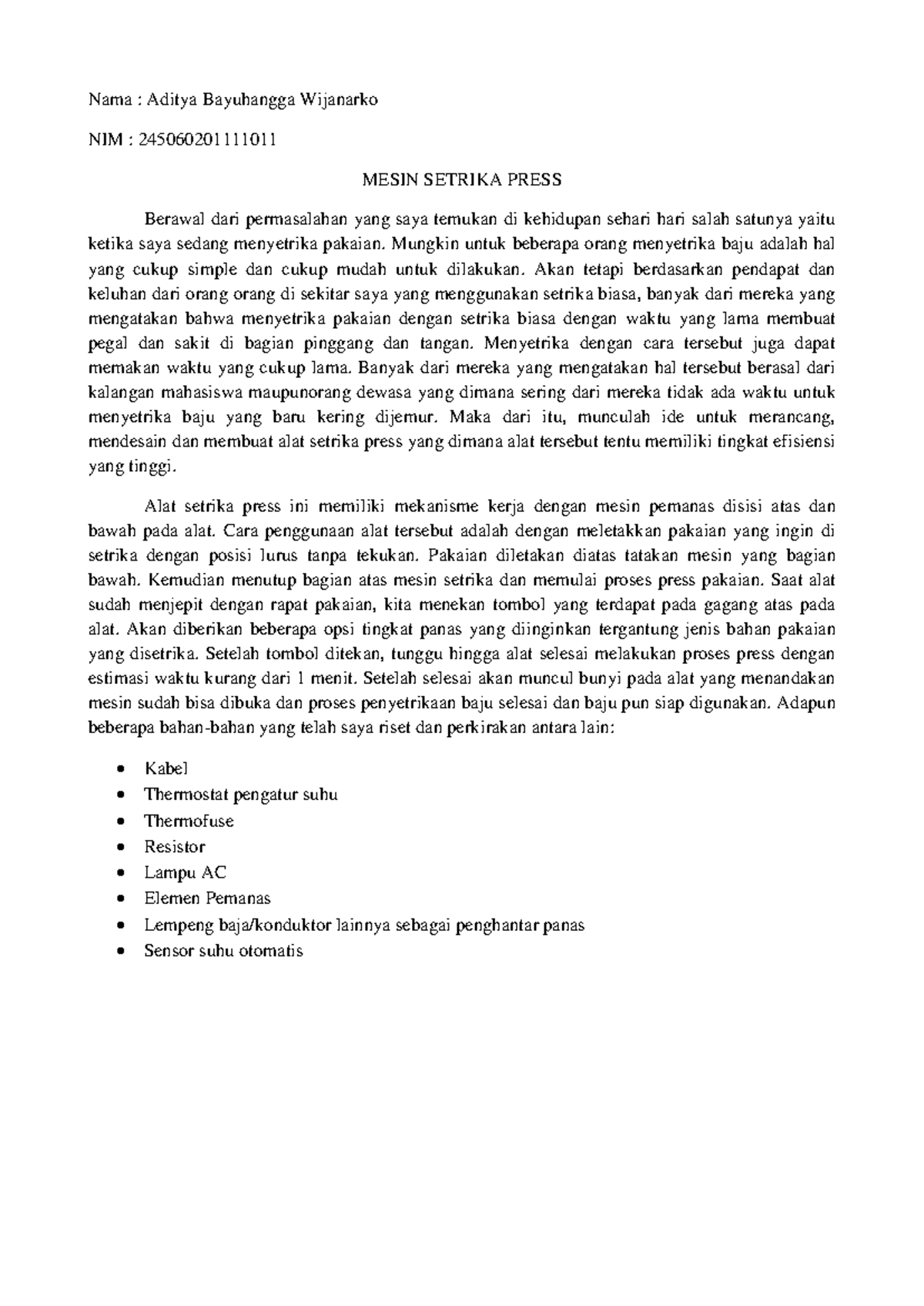Mesin Setrika Press Otomatis - Nama : Aditya Bayuhangga Wijanarko NIM ...