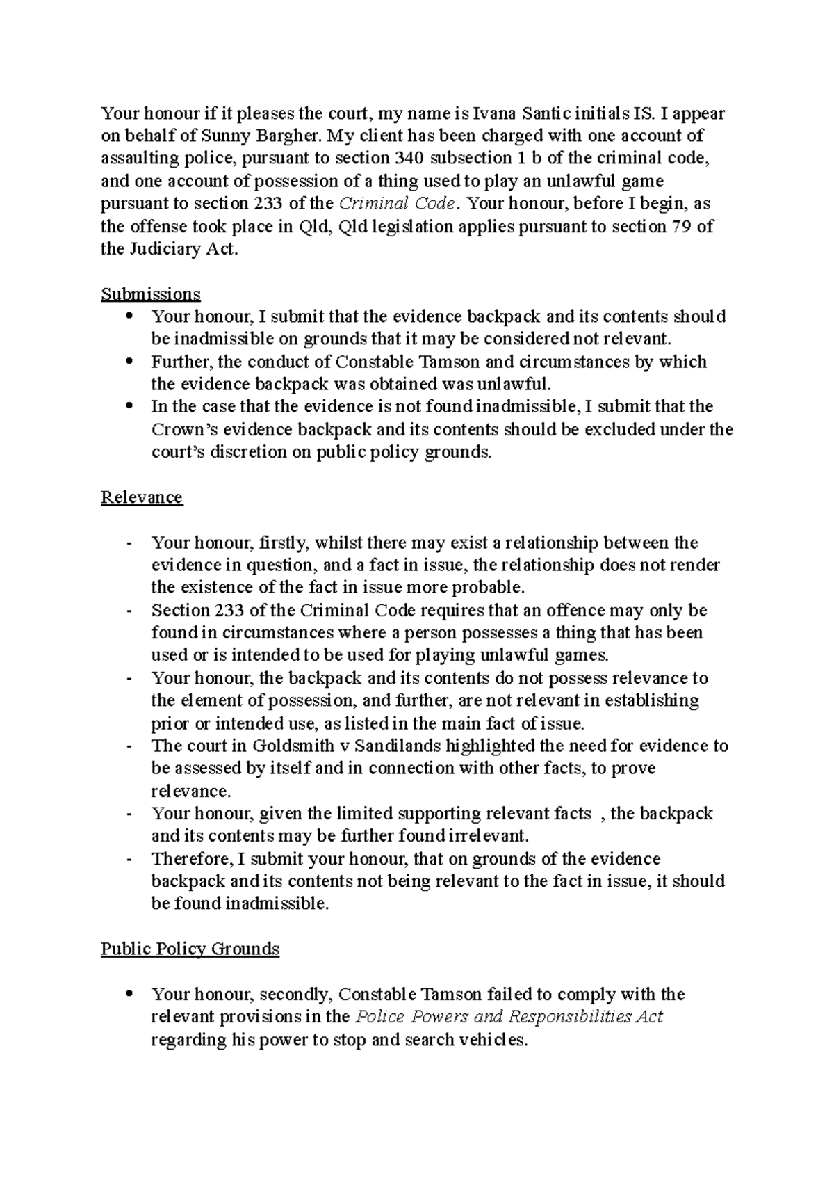 LLB303 Video Advocacy Script - Your honour if it pleases the court, my ...