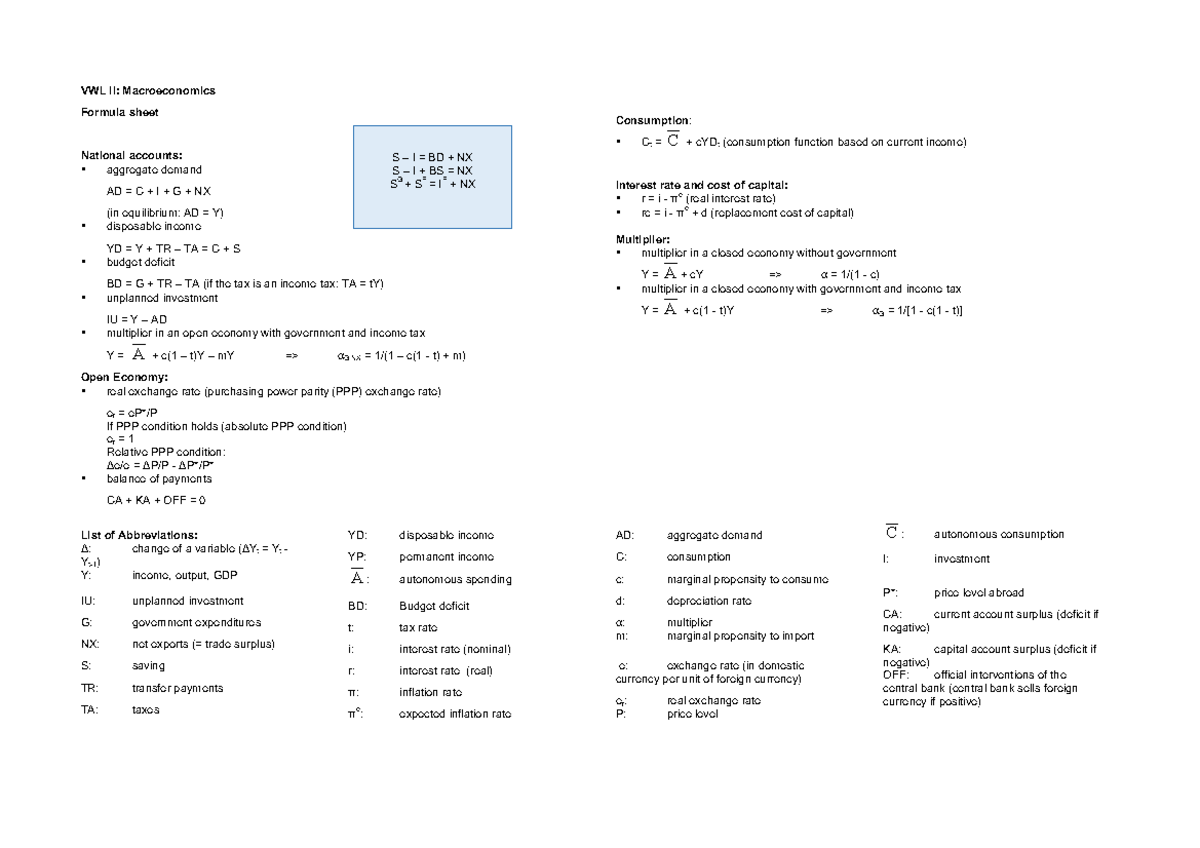 Formula 2 - Good Assistance - VWL II: Macroeconomics Formula sheet ...