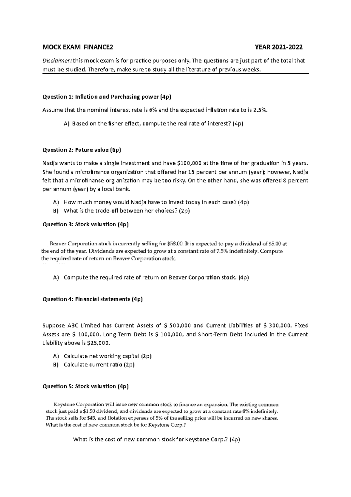 Mock exam 23 Finance 2 - MOCK EXAM FINANCE2 YEAR 2021- Disclaimer: this ...