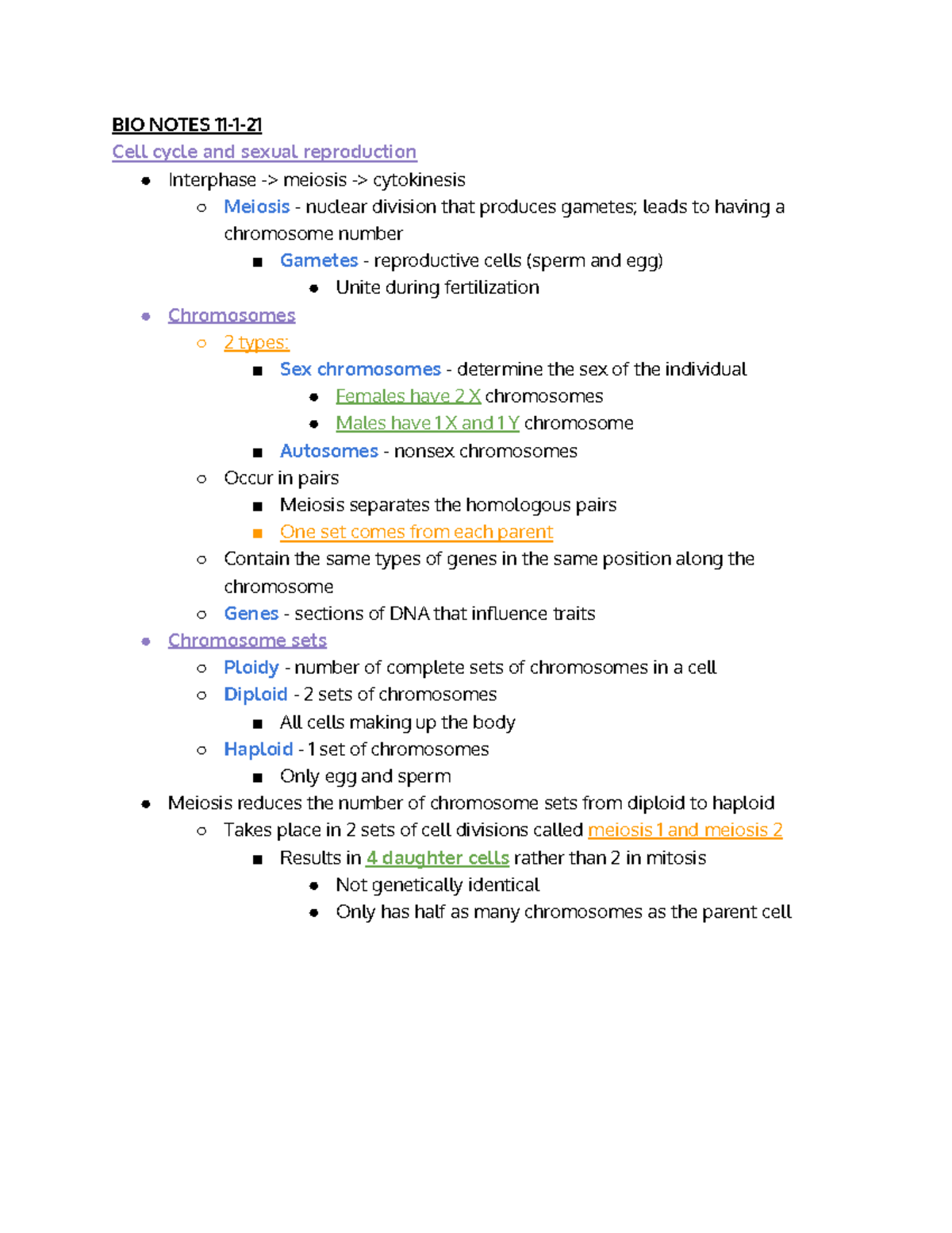 BIO Notes cell cycle and sexual reproduction - BIO NOTES 11-1- Cell ...