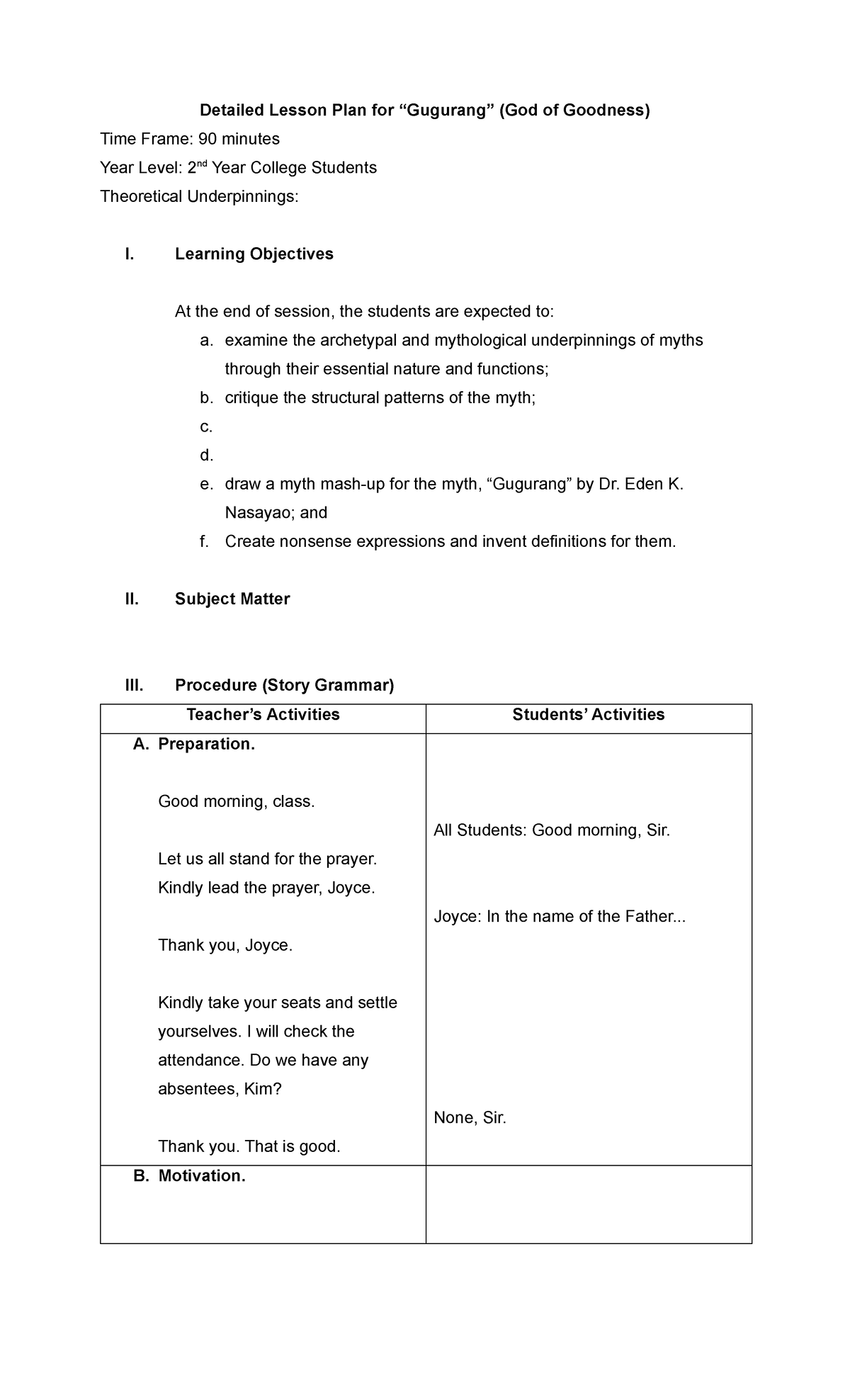 Revised LP - Detailed Lesson Plan for “Gugurang” (God of Goodness) Time ...