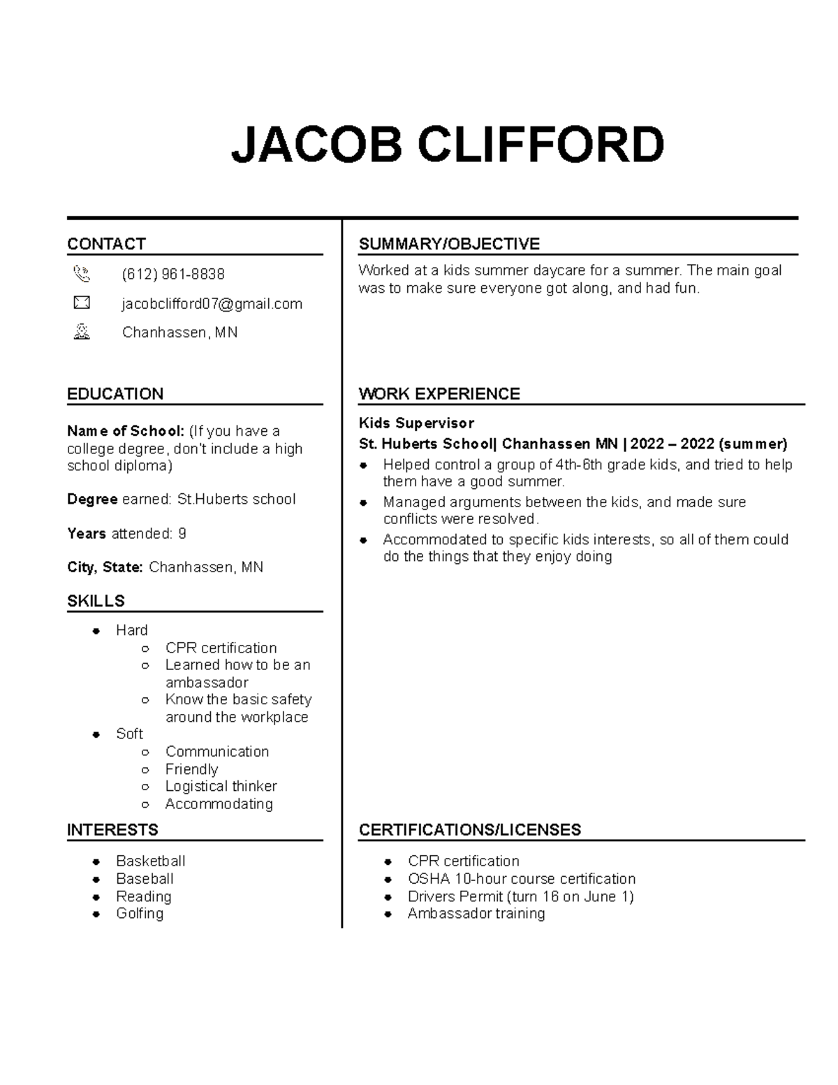 Resume - JACOB CLIFFORD CONTACT SUMMARY/OBJECTIVE (612) 961-8838 Worked ...
