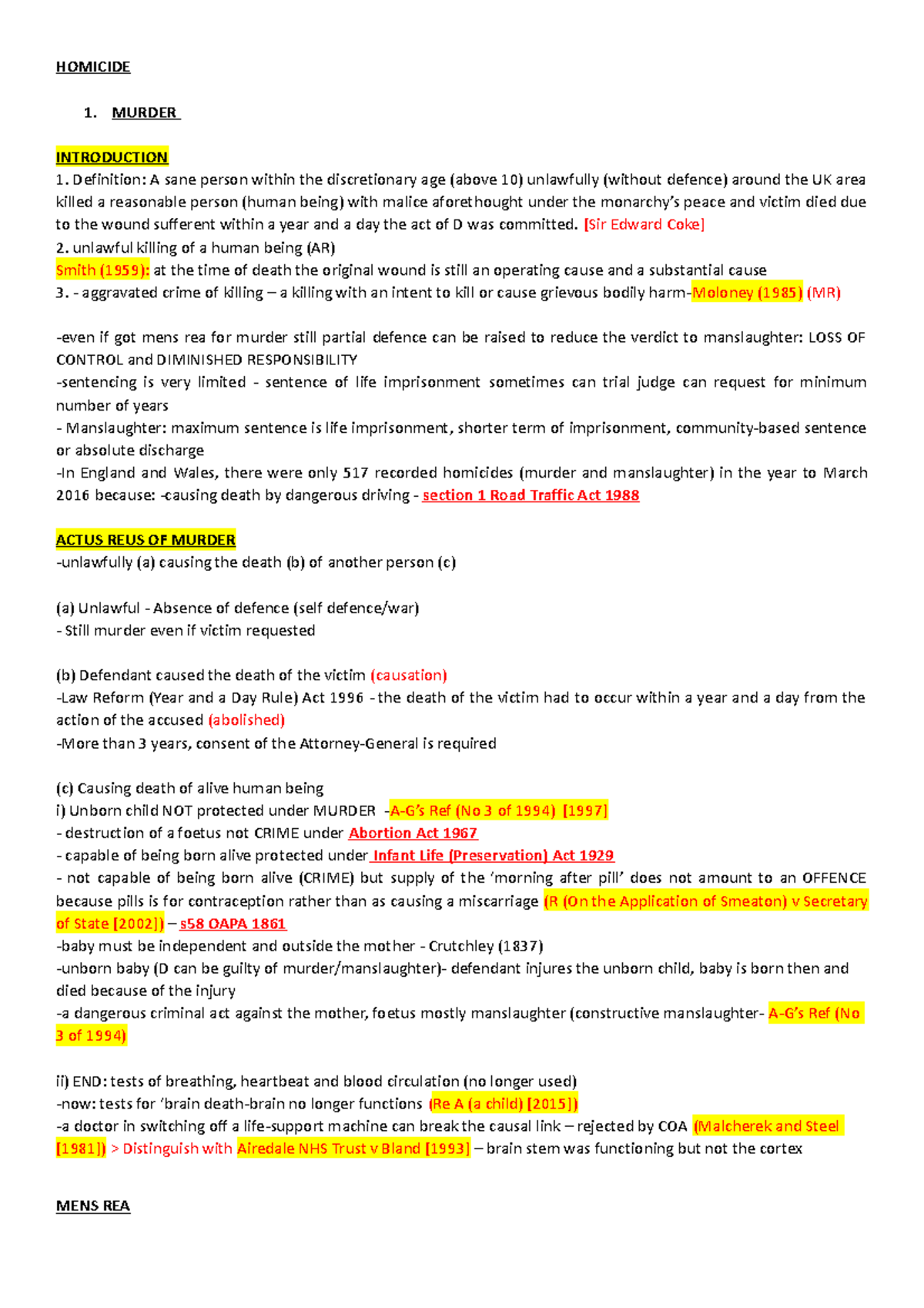 Murder and Manslaughter - HOMICIDE 1. MURDER INTRODUCTION Definition: A ...