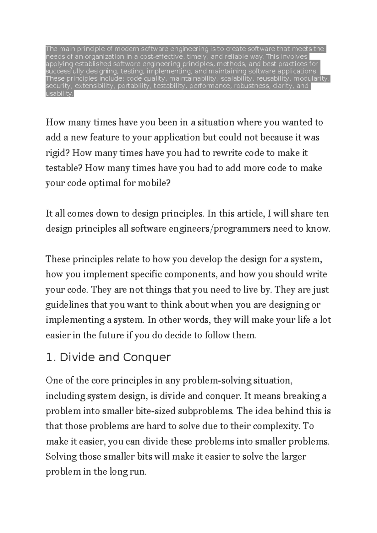 Modern Software Engineering The Main Principle Of Modern Software Engineering Is To Create