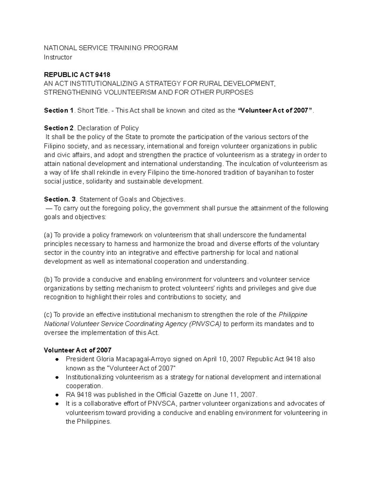 NSTP Republic Act 9418 - lecture - NATIONAL SERVICE TRAINING PROGRAM ...