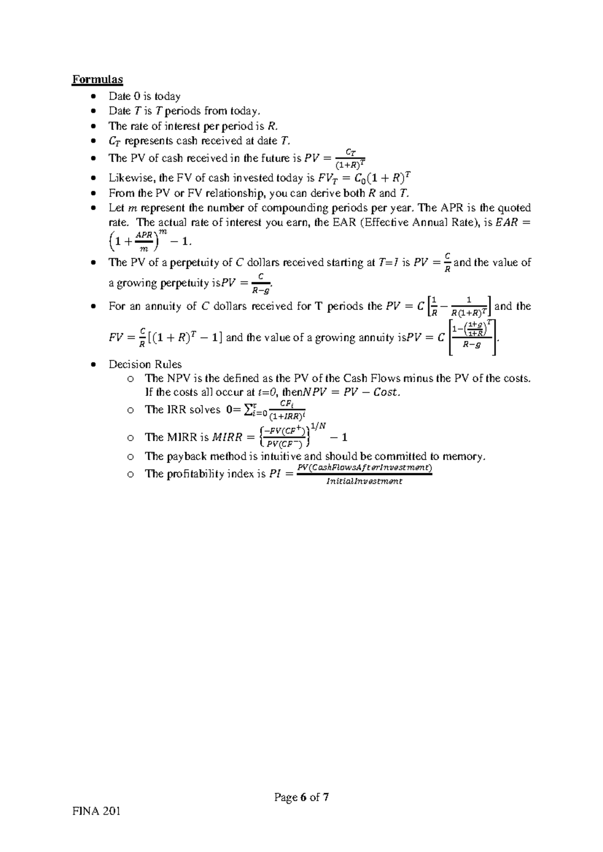 FINA 201 Formula Sheet - Key Financial Formulas and Concepts - Page 6 ...
