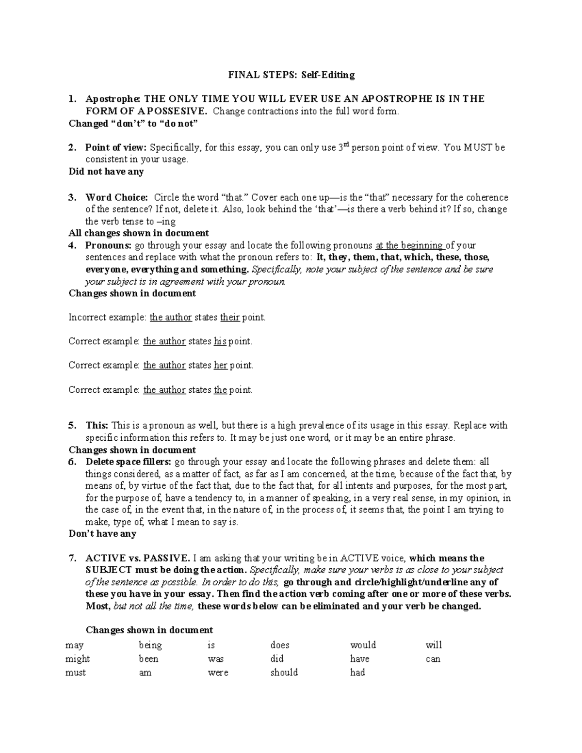 Self-Editing journal - FINAL STEPS: Self-Editing 1. Apostrophe: THE ...