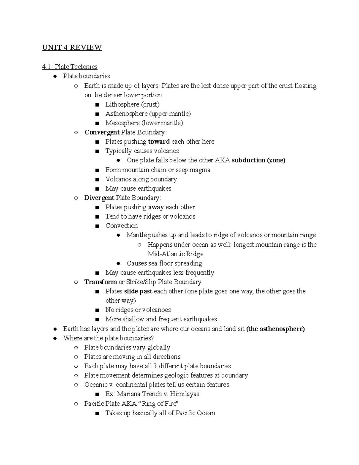 APES UNIT 4 NOTES - UNIT 4 REVIEW 4: Plate Tectonics Plate boundaries ...