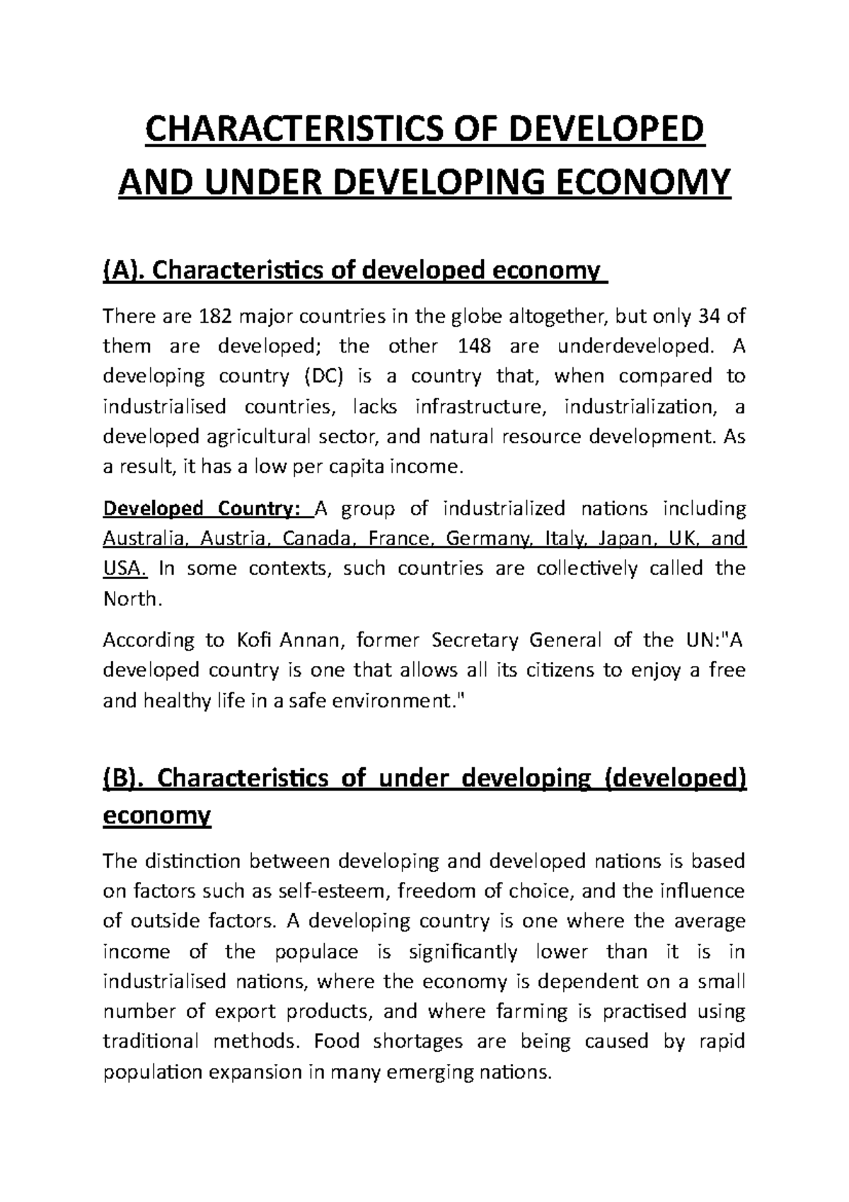 Indian Economy- Economic Characteristics - CHARACTERISTICS OF DEVELOPED ...