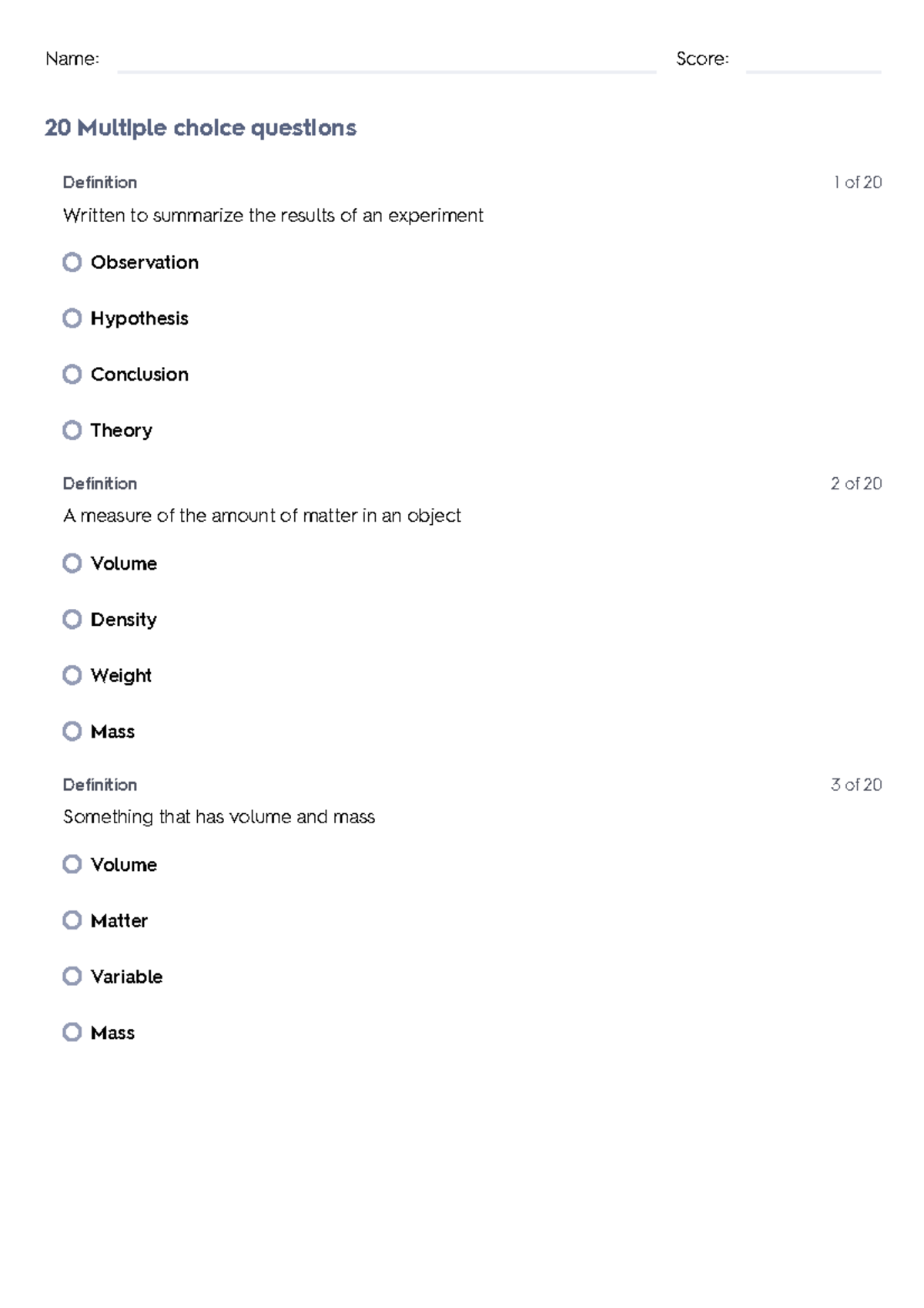 Chapter 1 Quizlet - Yes quizzes - Name: Score: 20 Multiple choice ...