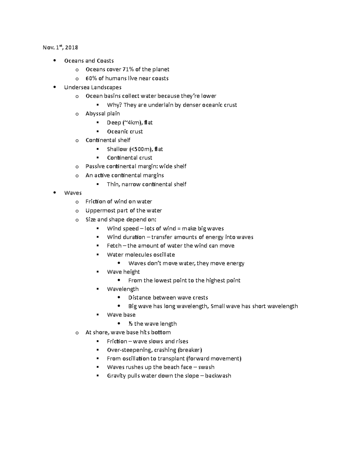 Geology 101 Notes for Exam 5 - Nov. 1st, 2018 Oceans and Coasts o ...