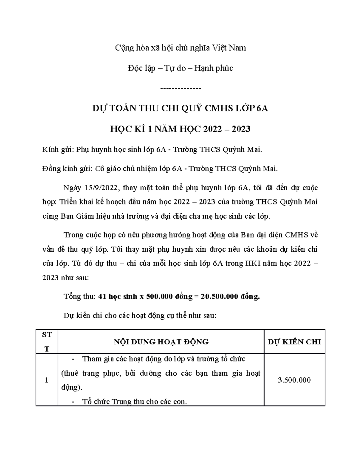 DỰ TOÁN THU CHI QUỸ CMHS LỚP 6A HỌC KÌ I NĂM 2022 -2023 - Cộng hòa xã hội chủ nghĩa Việt Nam Độc ...