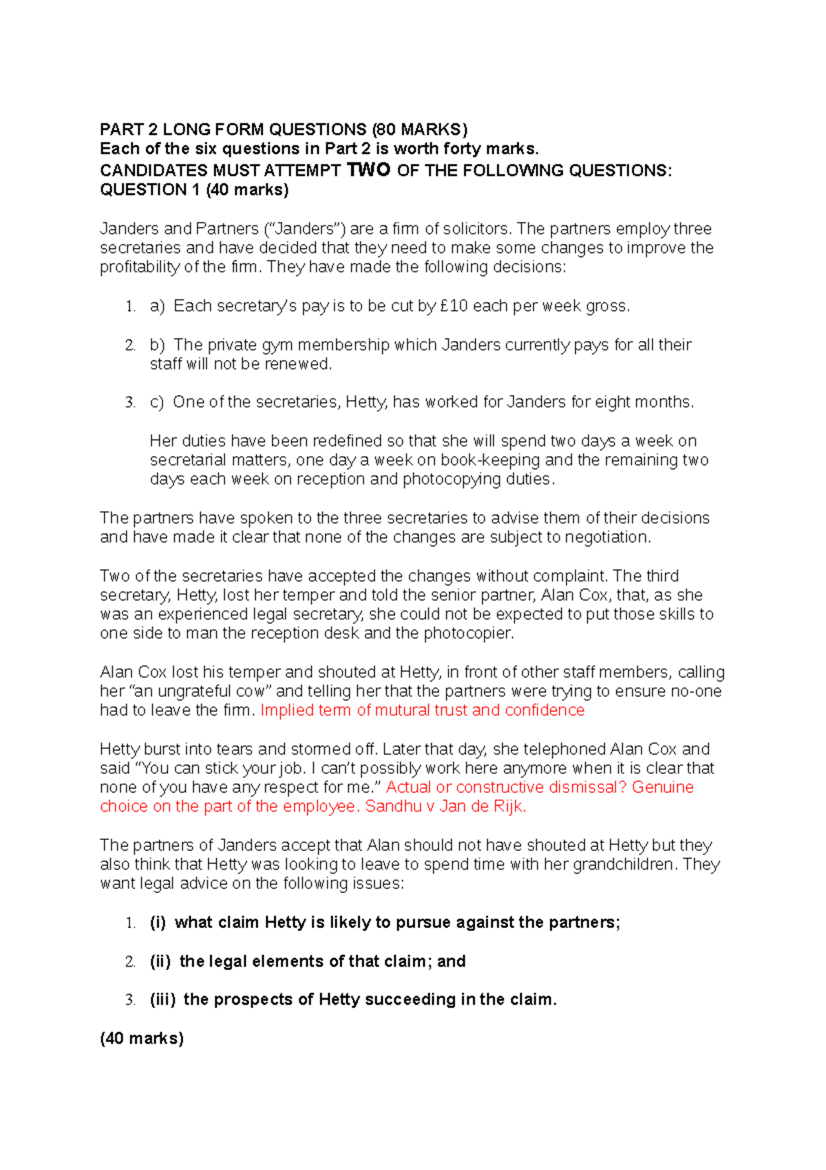 PART 2 LONG FORM Questions - PART 2 LONG FORM QUESTIONS (80 MARKS) Each ...