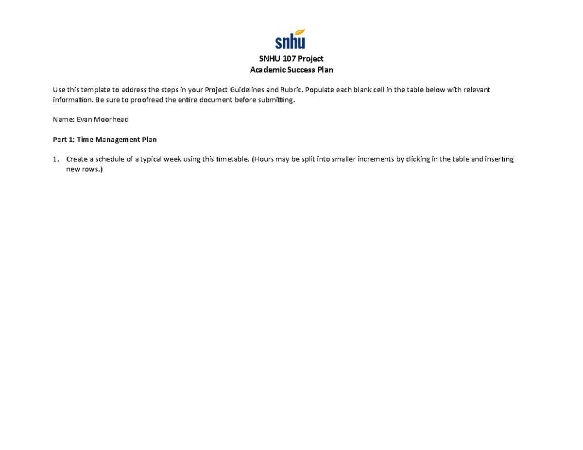 SNHU 107 Final Project - SNHU 107 Project Academic Success Plan Use ...