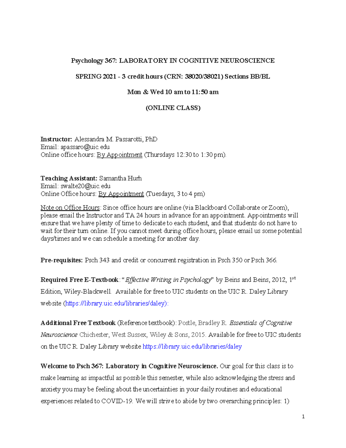 PSCH 367 Syllabus Passarotti Spring 2021 - Psychology 367: LABORATORY ...