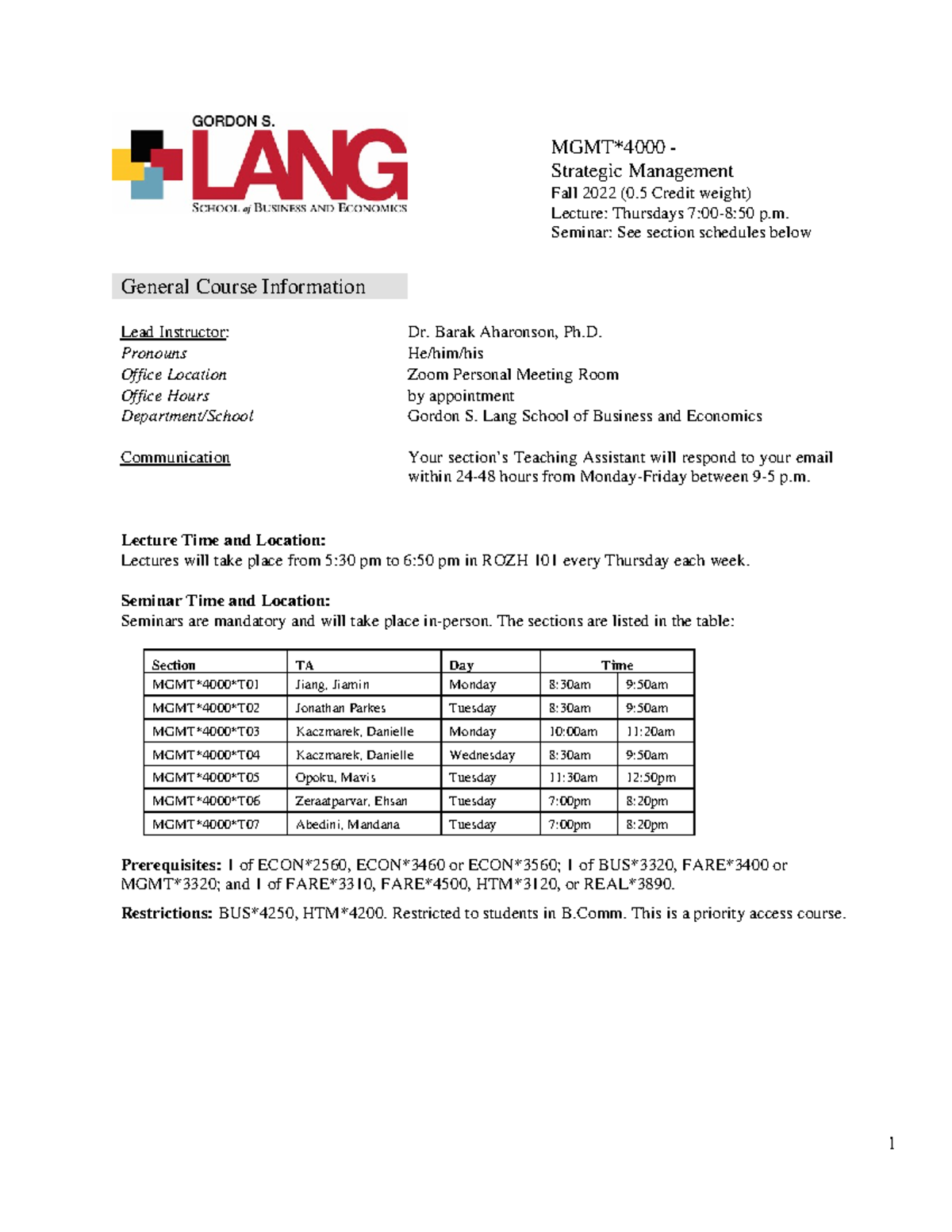 MGMT 4000 Outline Jan 2023 - MGMT*4000 - Strategic Management Fall 2022 ...