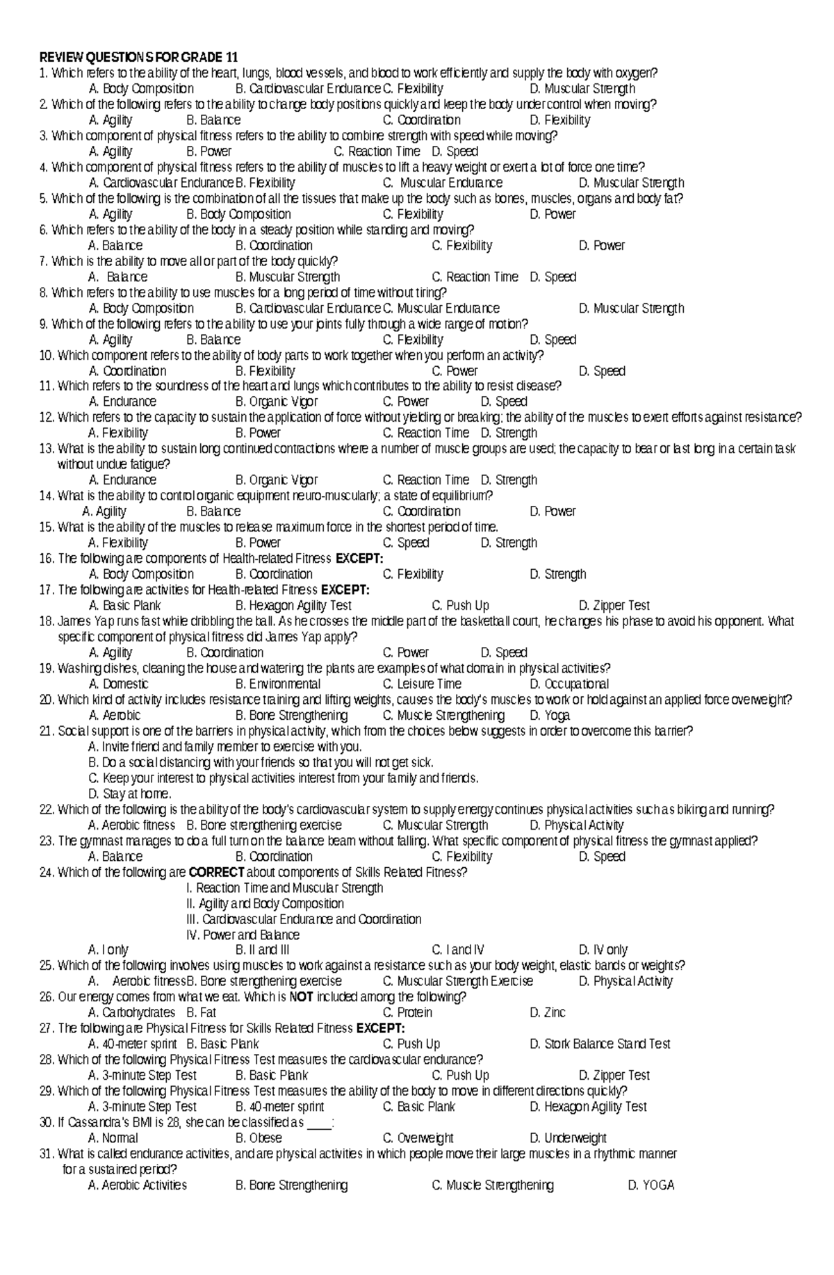 HOPE 11 Q1 Reviewer - good - REVIEW QUESTIONS FOR GRADE 11 Which refers ...