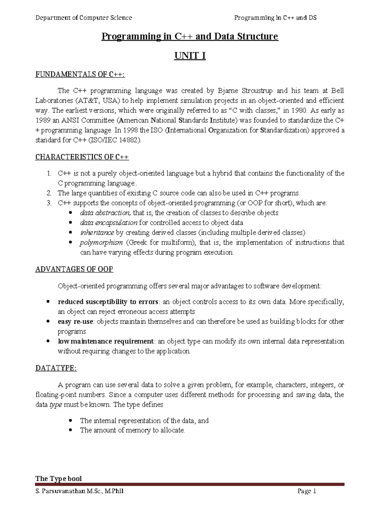 Cpp DS - Programming in C++ and Data Structure UNIT I FUNDAMENTALS OF C++: The C++ programming ...