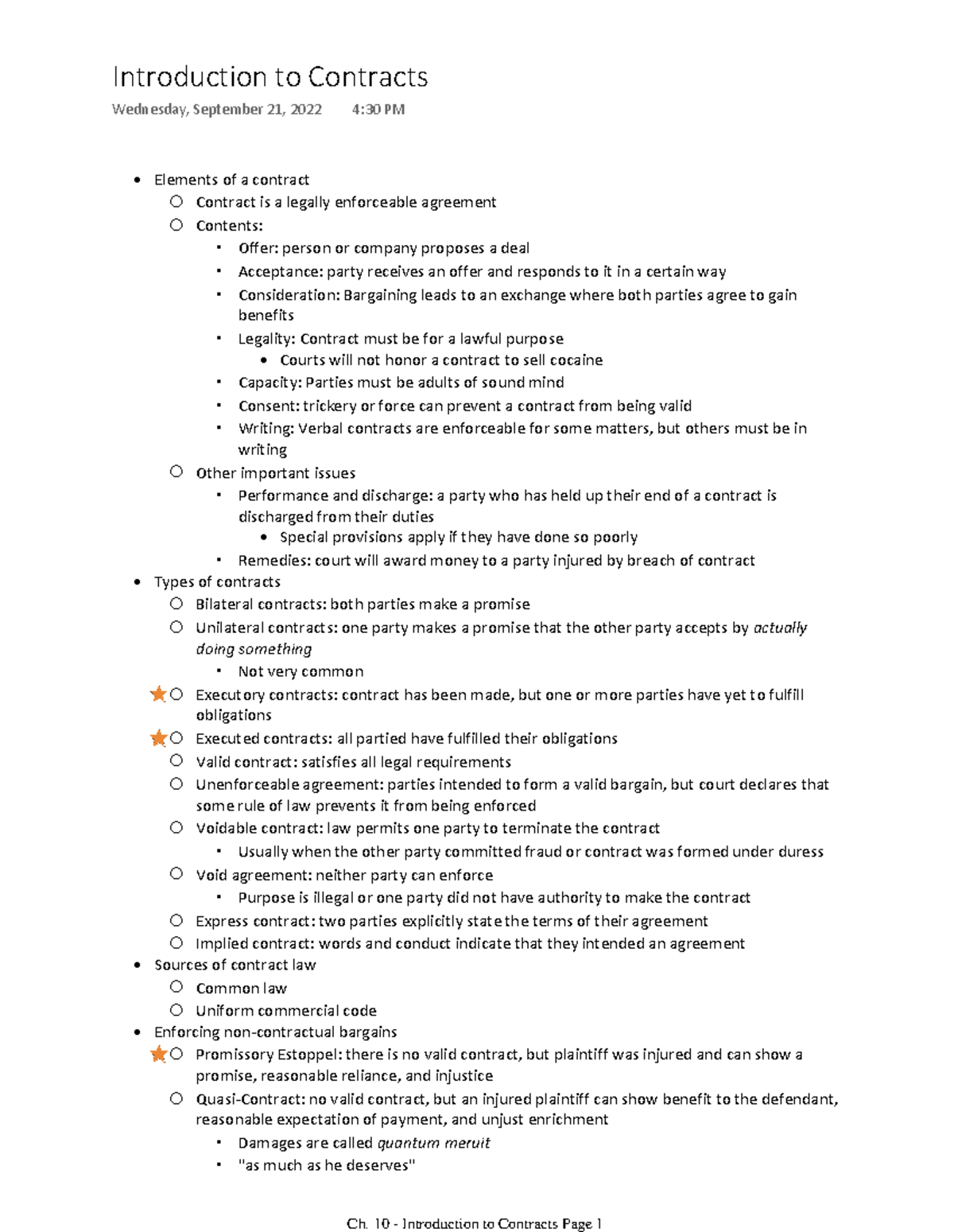 Ch. 10 - Introduction to Contracts - Elements of a contract Contract is a legally enforceable ...