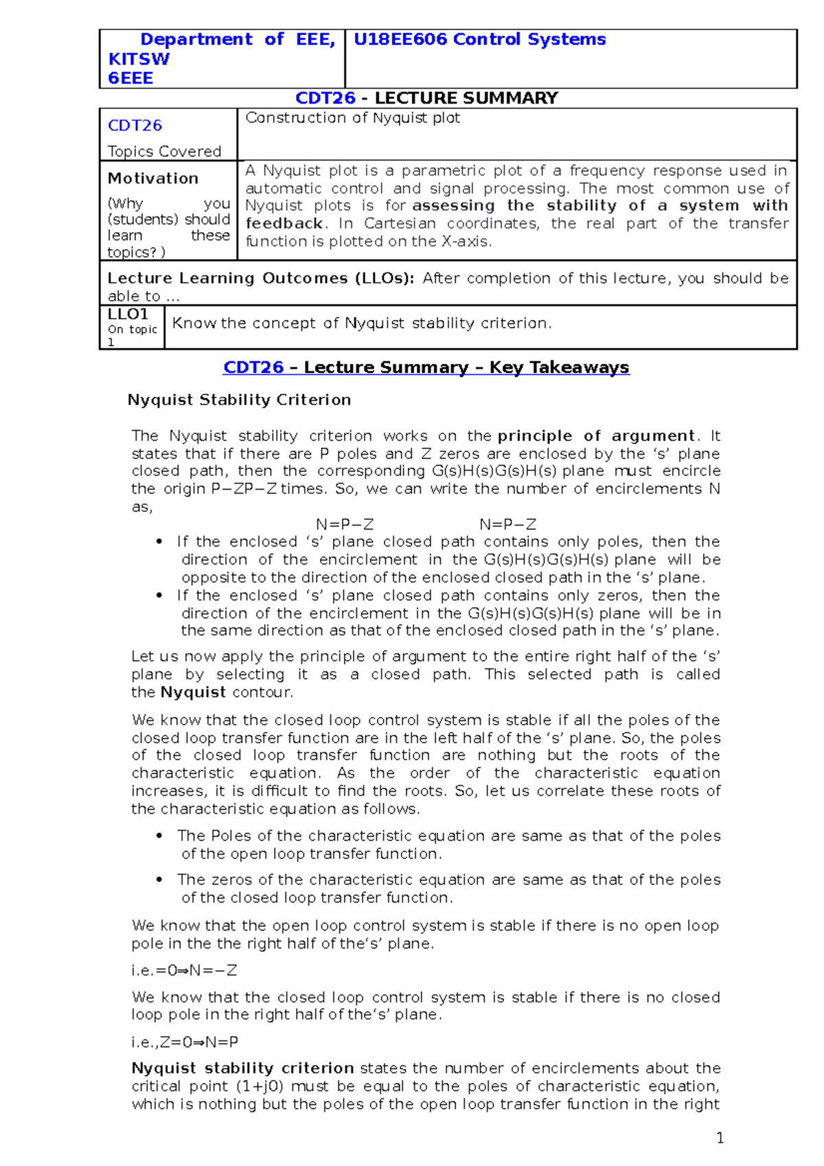 CS CDT26 Summary - Important notes - Department of EEE, KITSW 6EEE ...