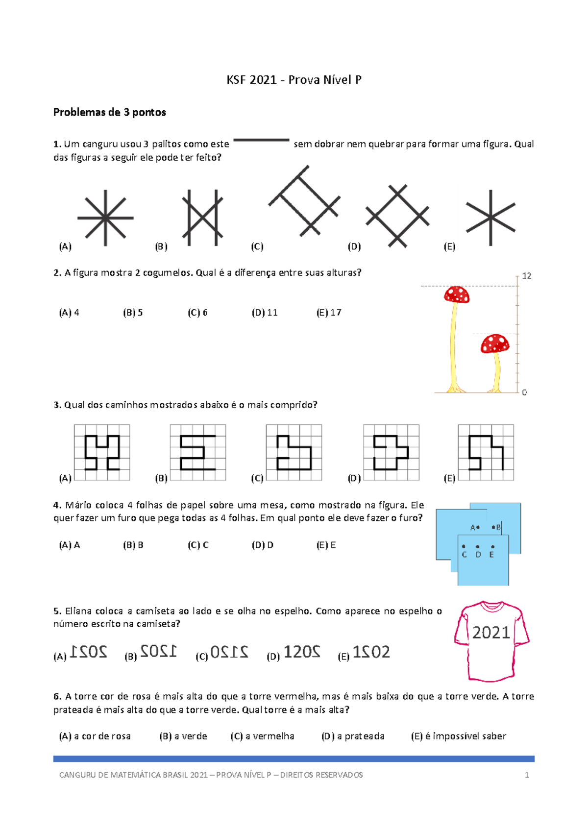 Prova Canguru de matemática 3º ano - KSF 2021 - Prova Nível P Problemas ...