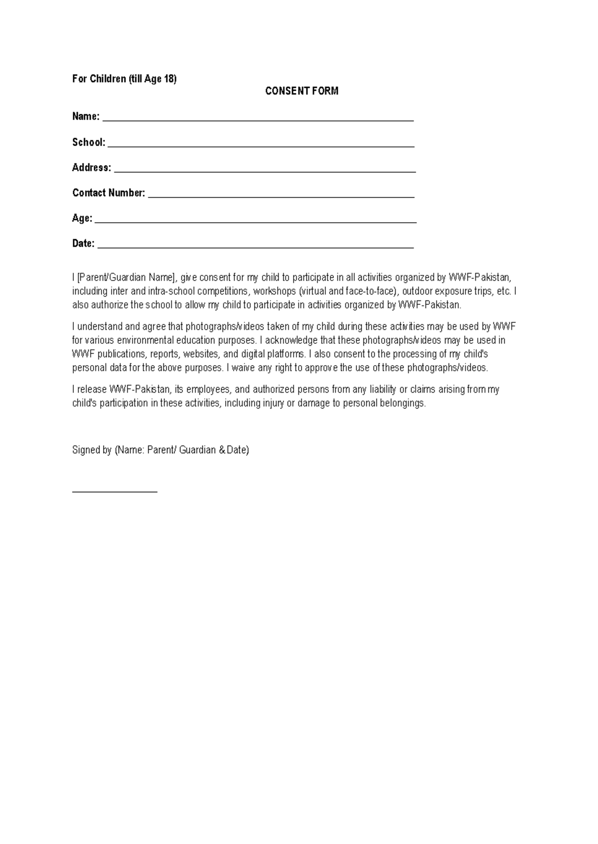 WWF-Pakistan Consent FORM - For Children (till Age 18) CONSENT FORM ...