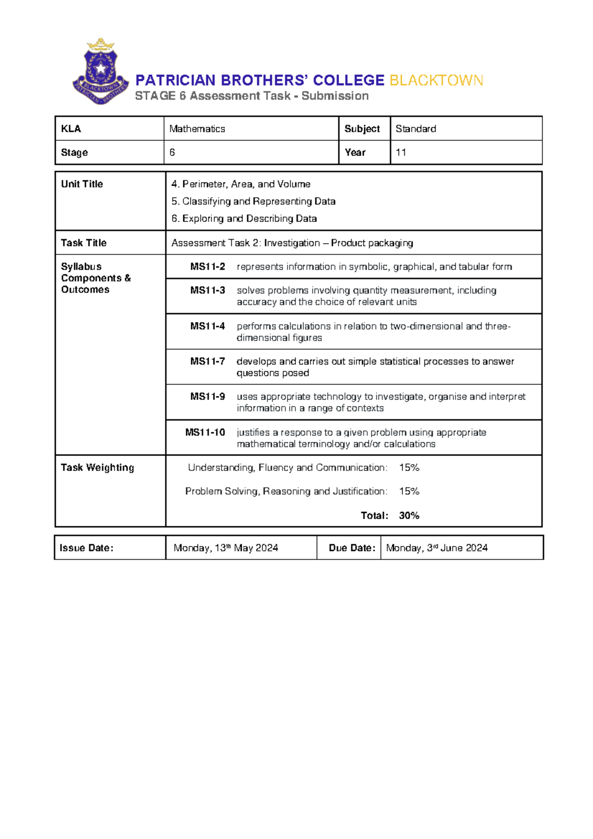 Y11 Standard Assessment Task 2 Notification - PATRICIAN BROTHERS ...