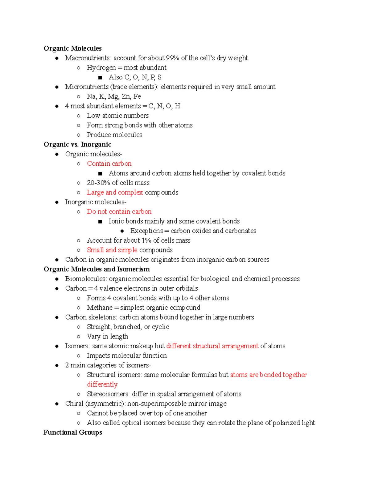 Chapter 7 - Test Two - Organic Molecules Macronutrients: account for ...