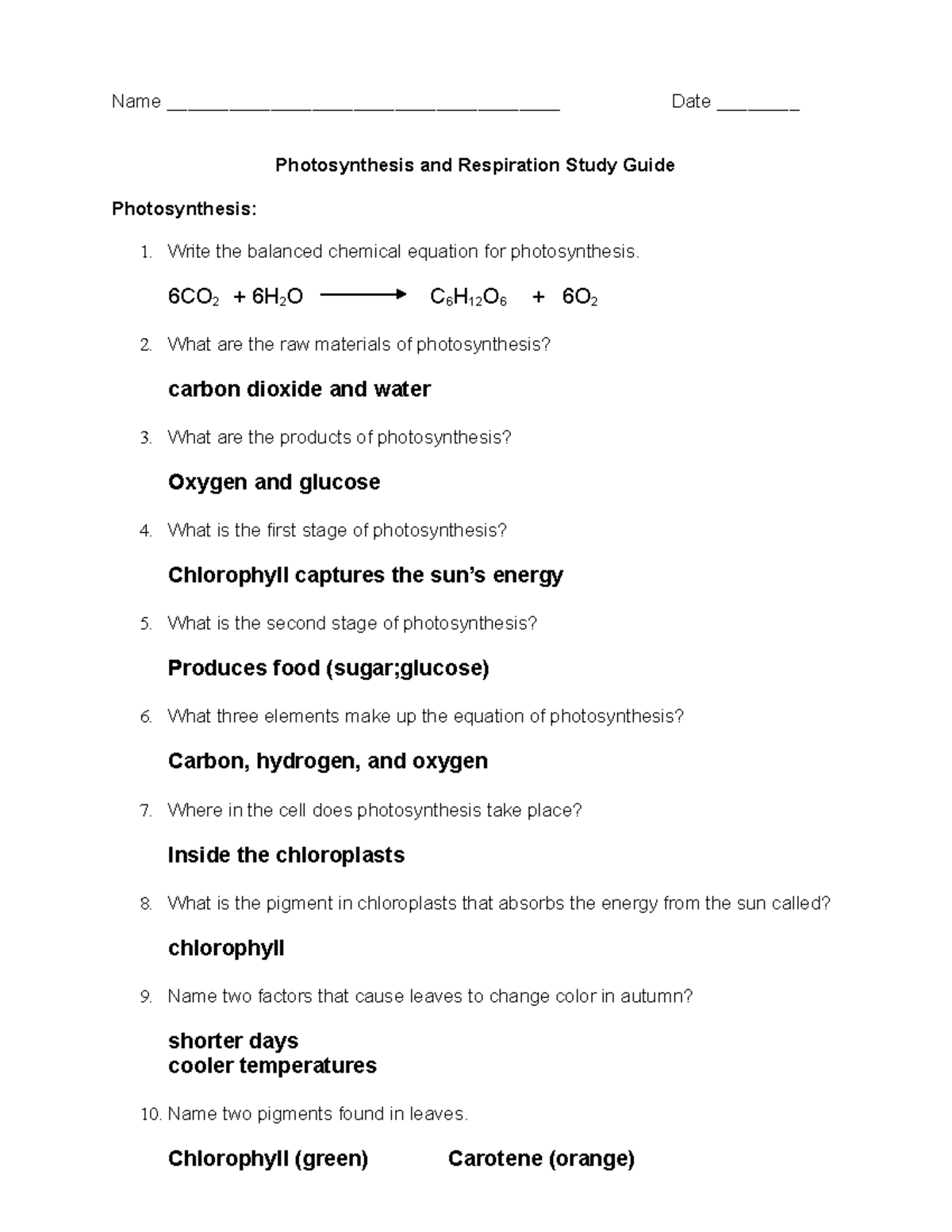 Study guide. answer sheet - Name ...