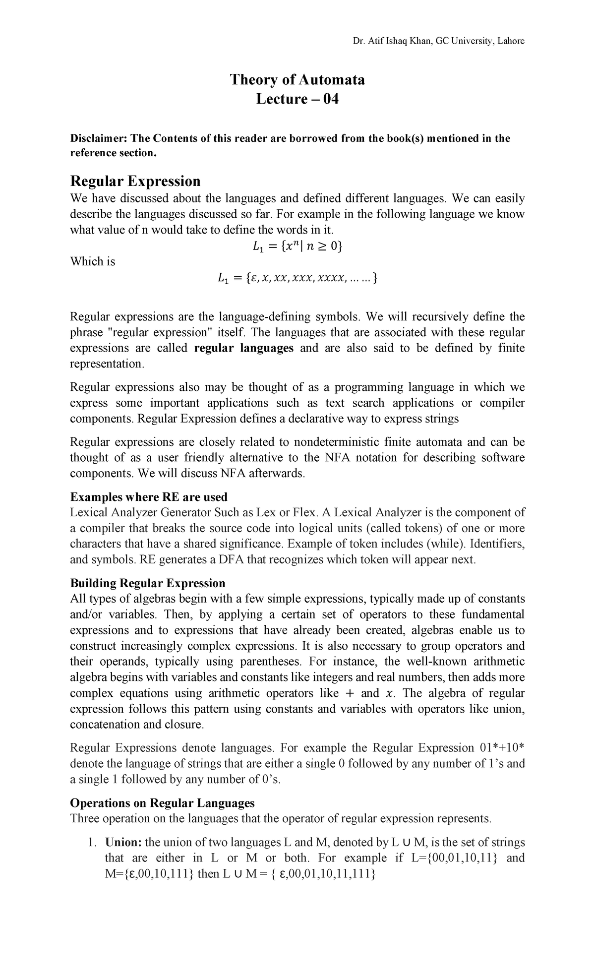 Lecture - 04 - It is about regular expression. - Theory of Automata Lecture – 04 Disclaimer: The ...