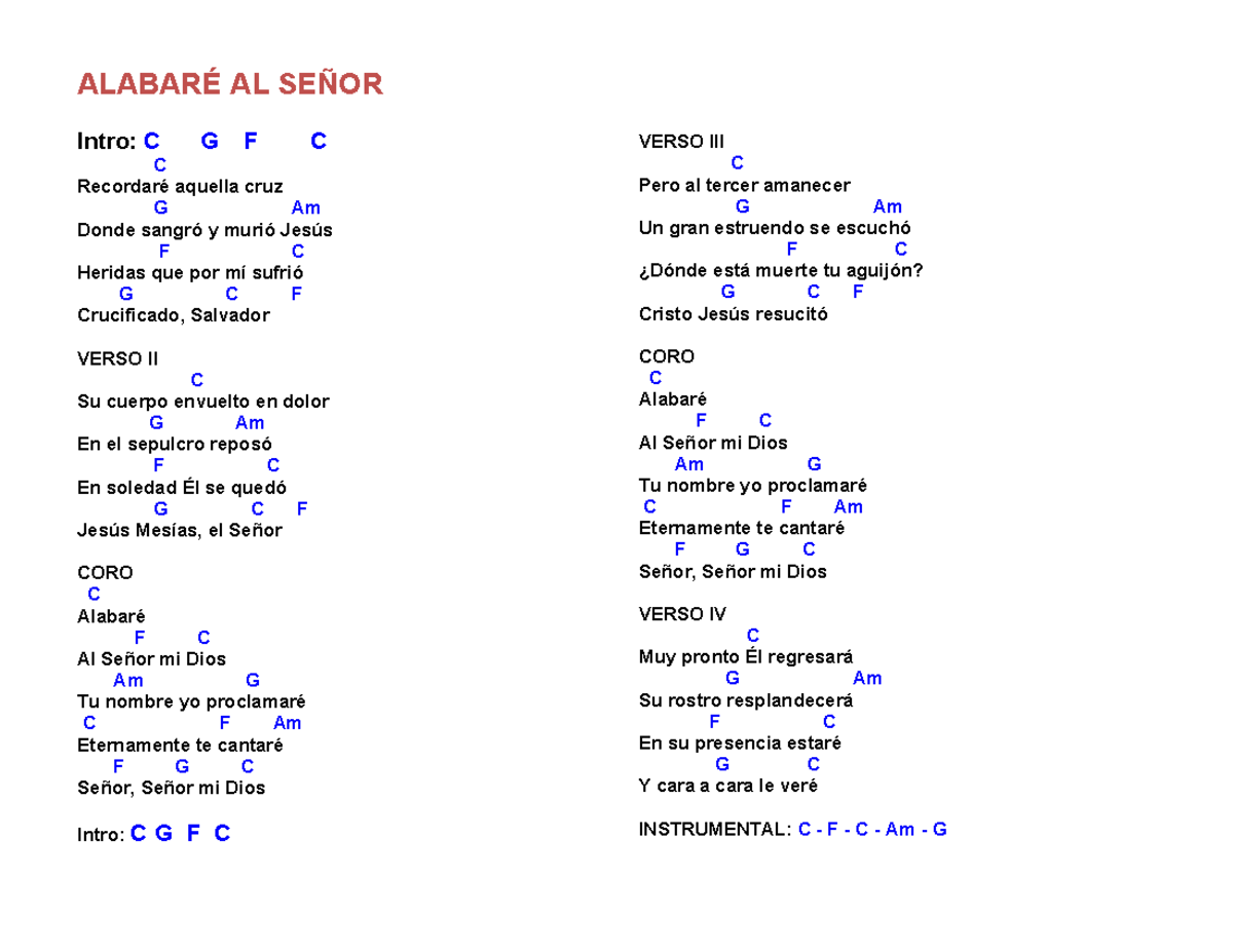 Alabare al señor - ALABARÉ AL SEÑOR Intro: C G F C C Recordaré aquella ...