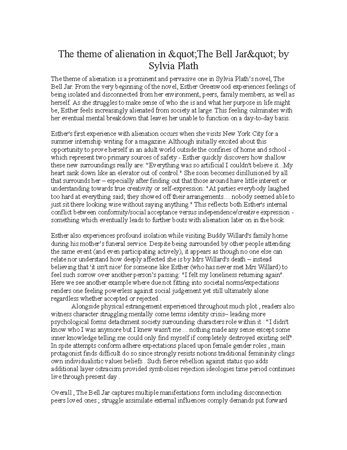 American literature - The theme of alienation in "The Bell Jar" by ...