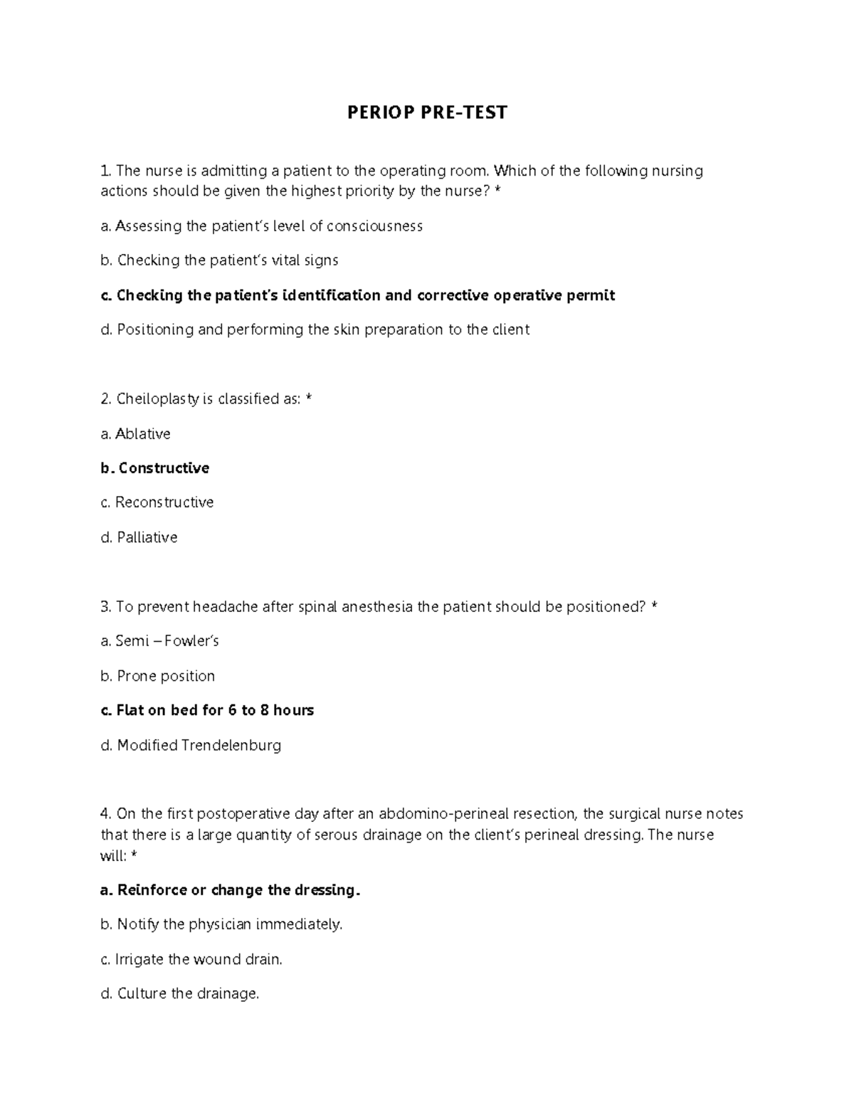 Periop PRE-TEST - QUIZ - PERIOP PRE-TEST The nurse is admitting a ...