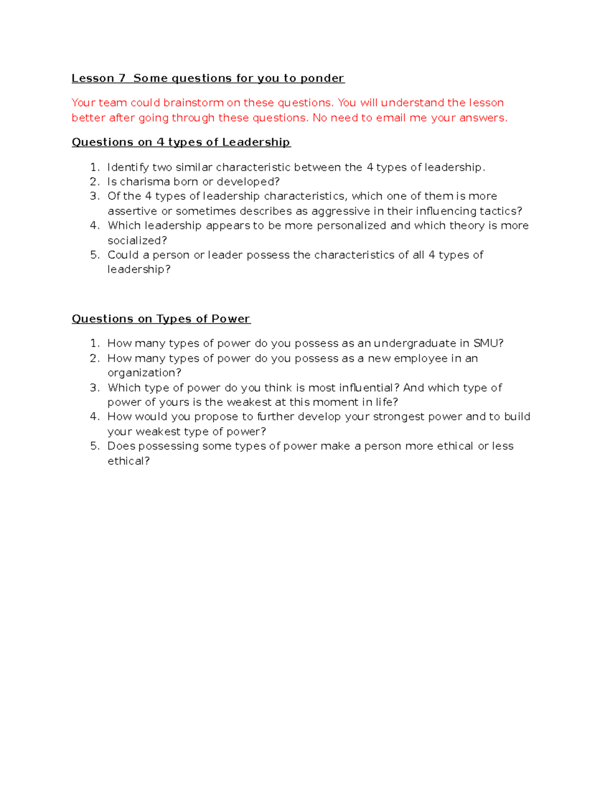Lesson 7 Ex. 4 Questions to ponder - Lesson 7 Some questions for you to ...