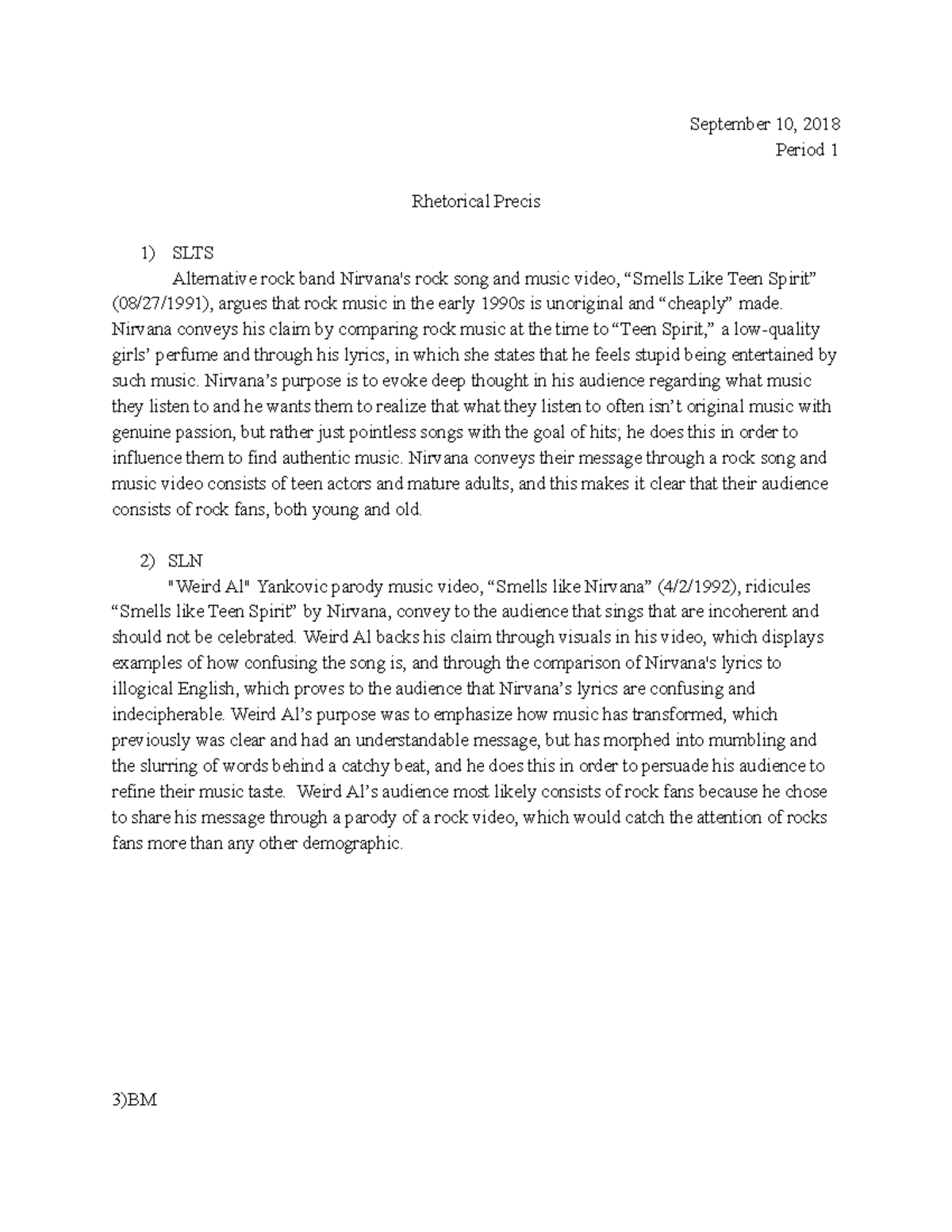 Nirvana SLTS and SLN Precis - September 10, 2018 Period 1 Rhetorical ...
