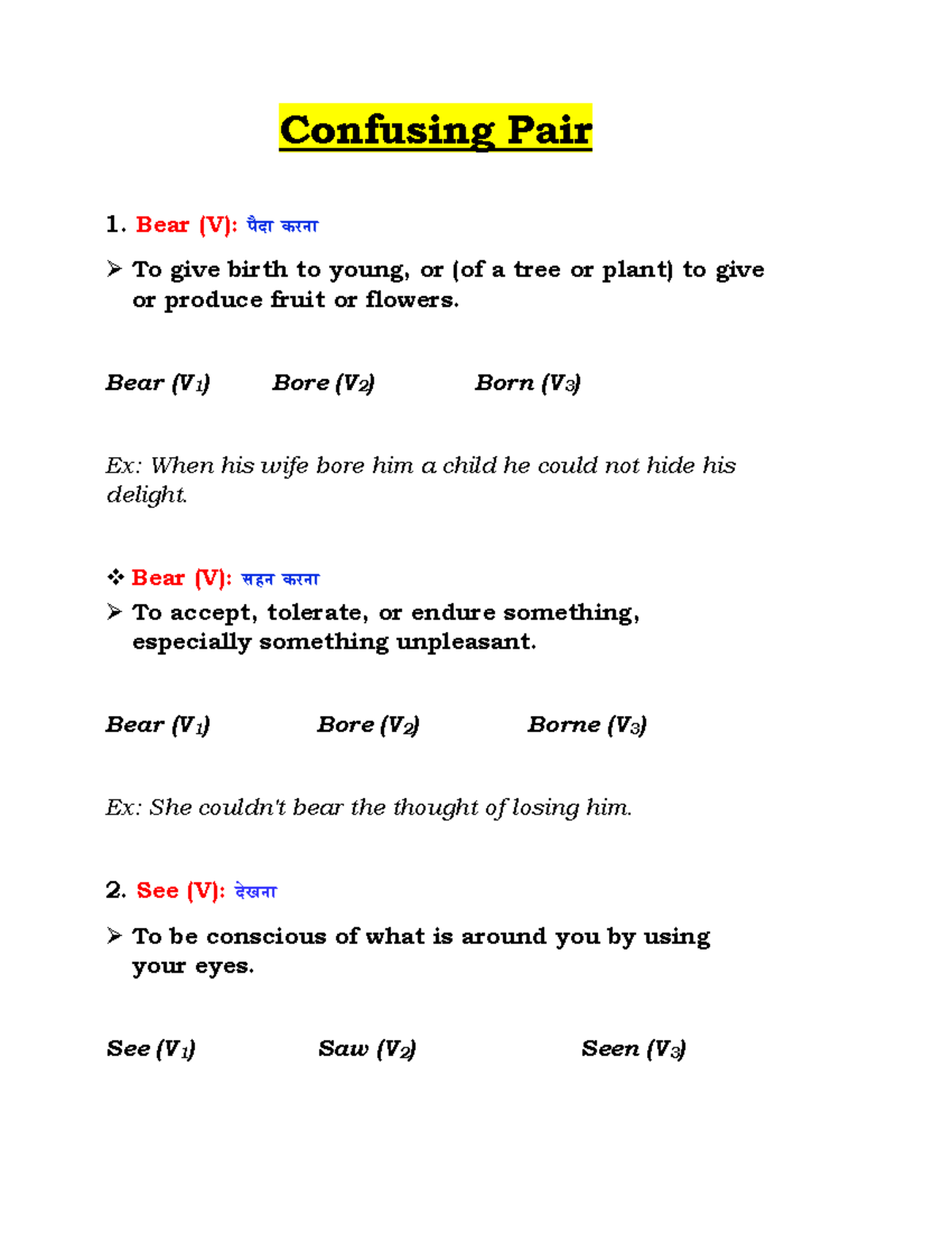 318288 Verb Basic PDF crwill (1) - Confusing Pair 1. Bear (V): पैदा करना To give birth to young ...