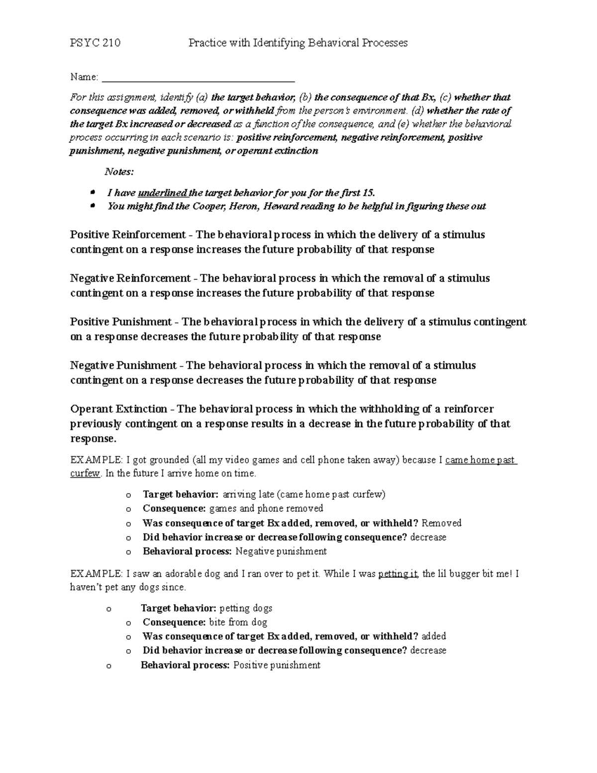 PSYC 210 Unit 2 - Practice Identifying Behavioral Processes - PSYC 210 Practice with Identifying ...
