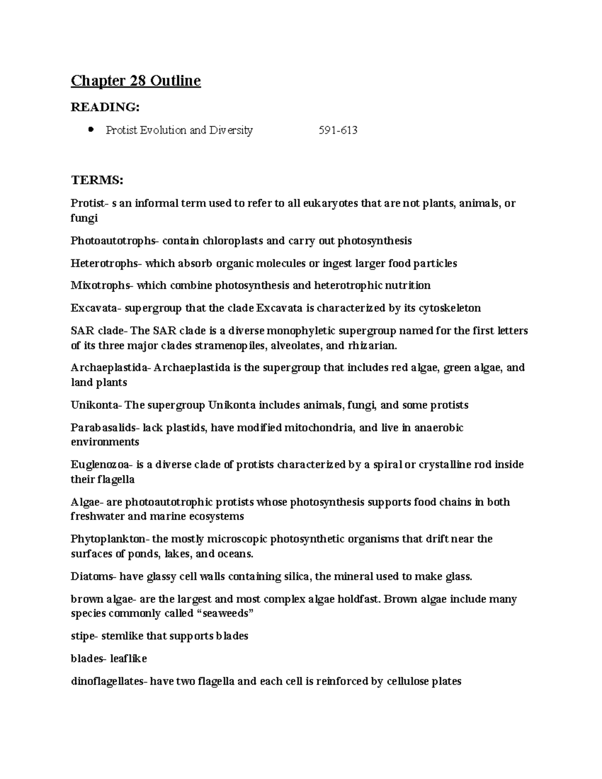 Chapter 28 Outline Chapter 28 Outline Reading Protist Evolution And Diversity 591 Terms 