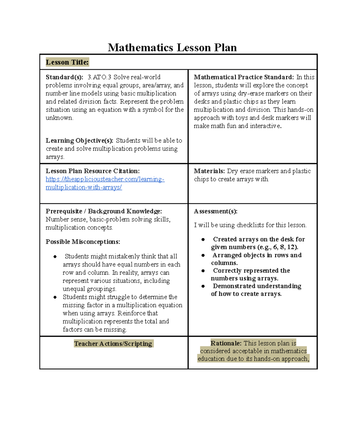 Mathematics Methods Lesson Plan-Annabelle Hooper - Mathematics Lesson ...