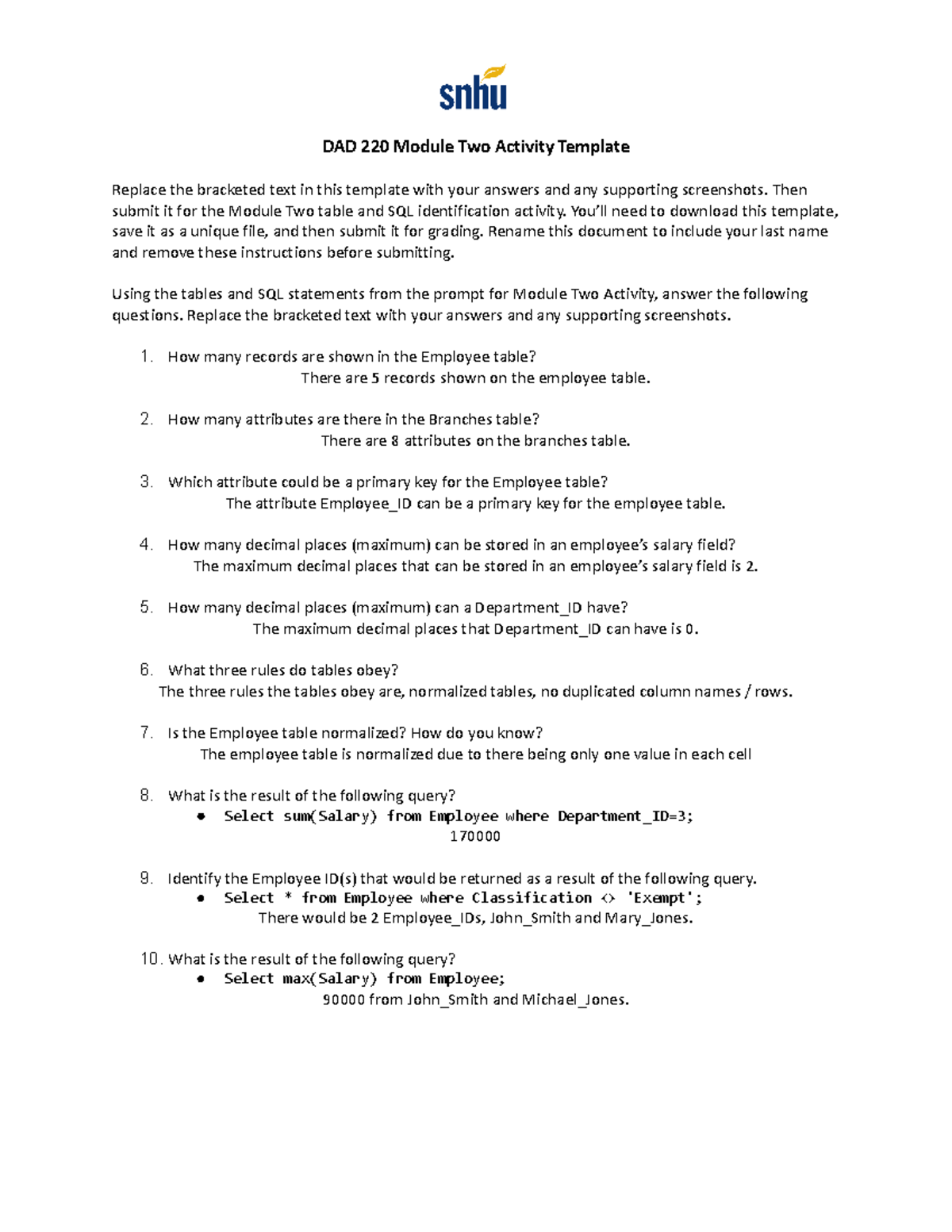 Module Two Activity - Then submit it for the Module Two table and SQL ...